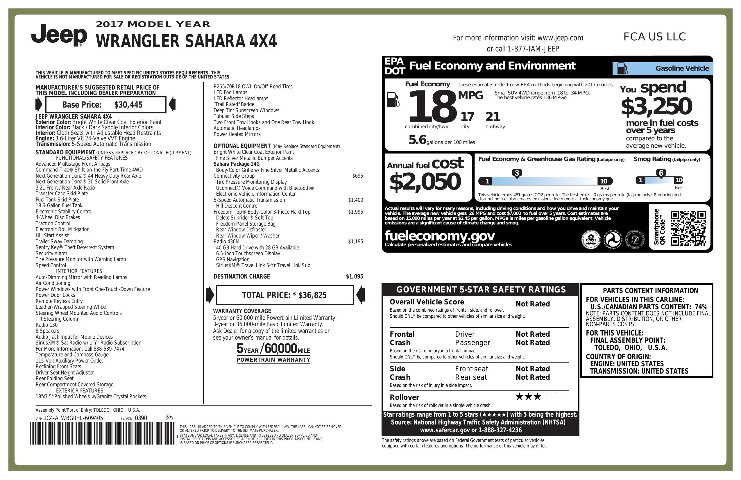 Window Sticker for 2017 Jeep Wrangler Sahara 4x4