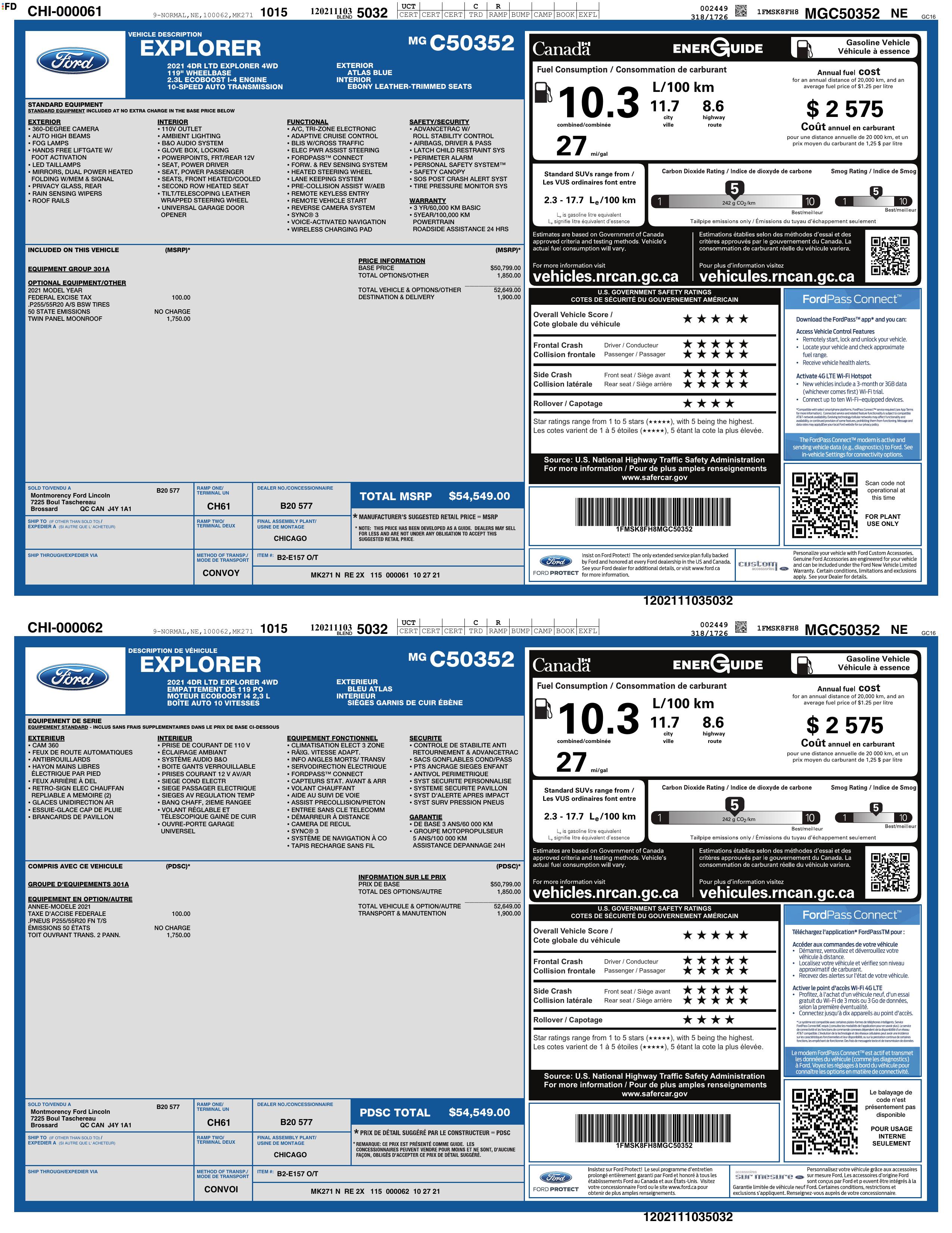 Window Sticker for 2021 Ford Explorer Limited 4 Wd