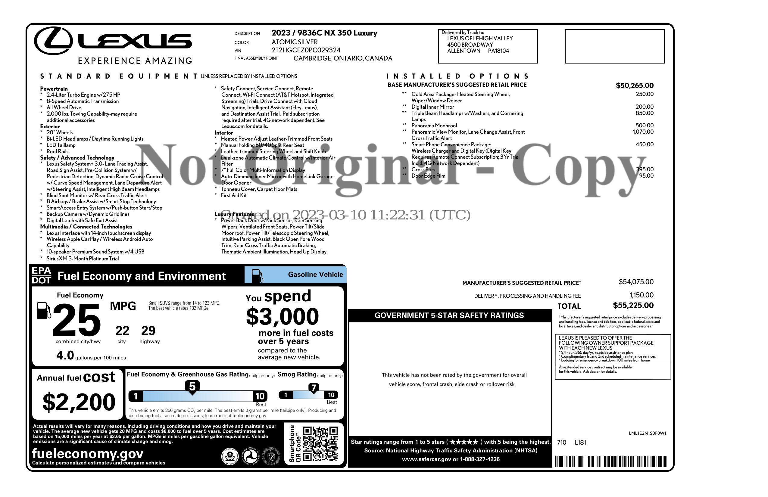 Window Sticker for 2023 Lexus Nx Nx 350 Luxury Awd