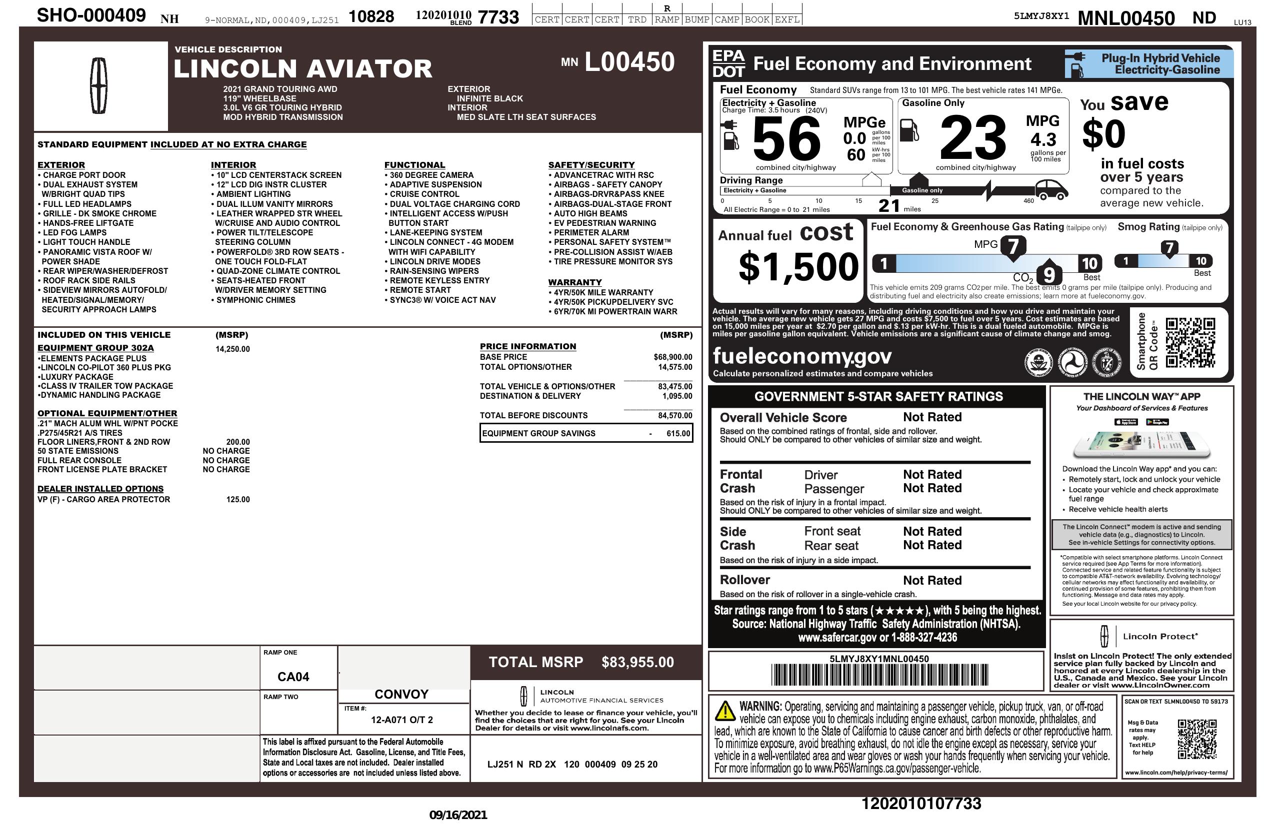 Window Sticker for 2021 Lincoln Aviator Grand Touring Awd