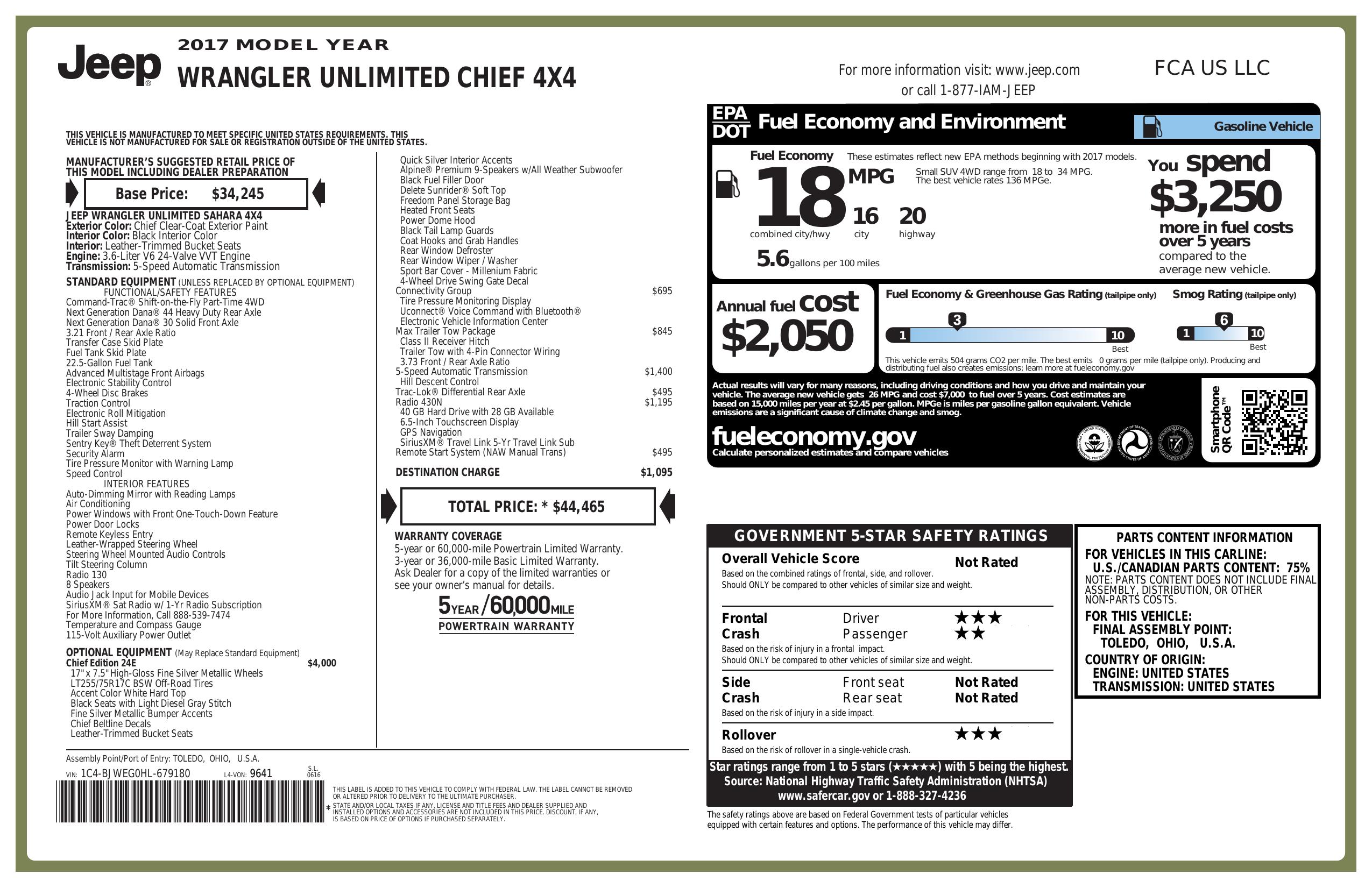 Window Sticker for 2017 Jeep Wrangler Unlimited Chief Edition 4x4 *Ltd ...