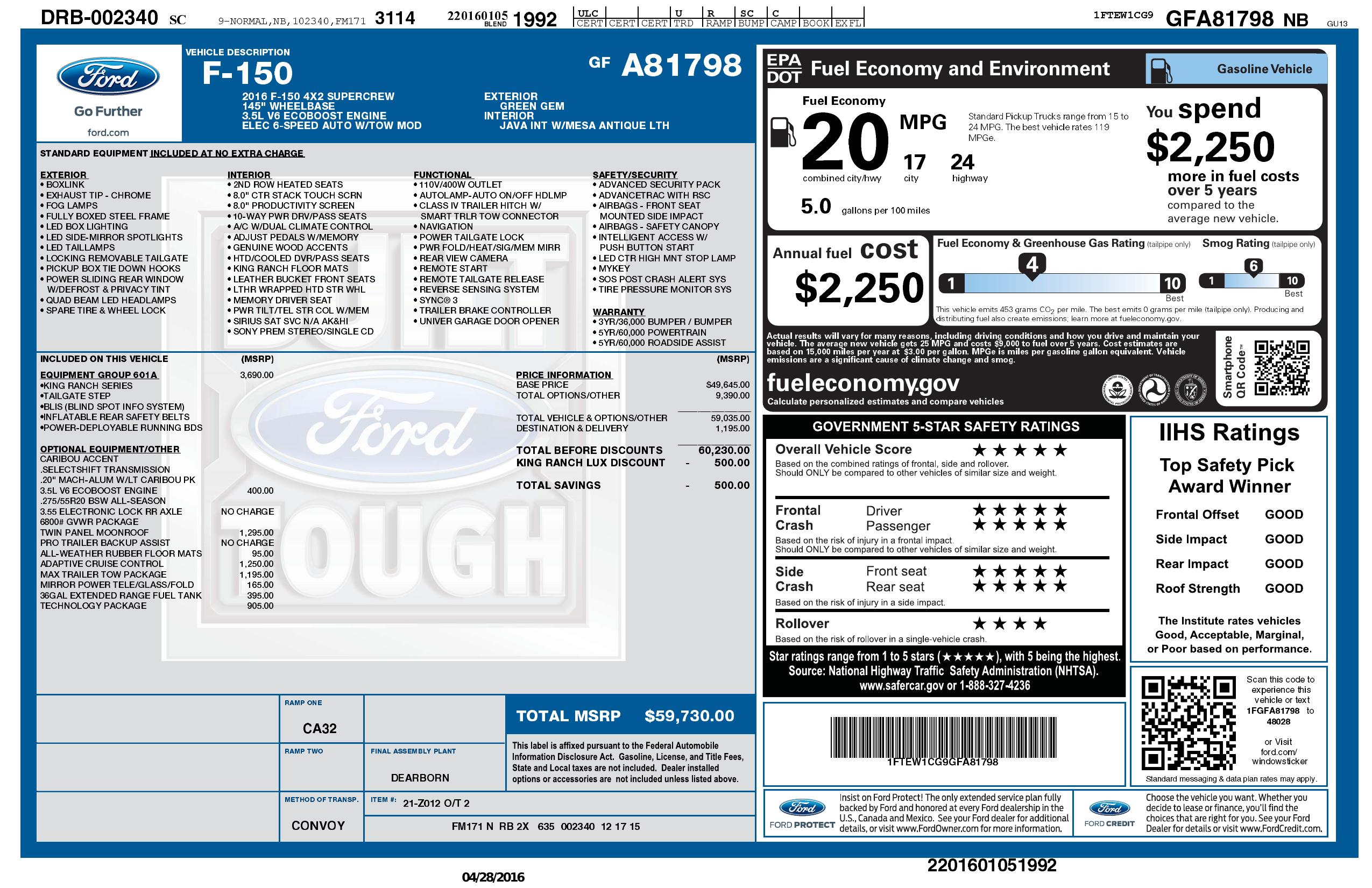 Window Sticker for 2016 Ford F 150 4x2 King Ranch 4dr Super Crew 5.5 Ft. Sb