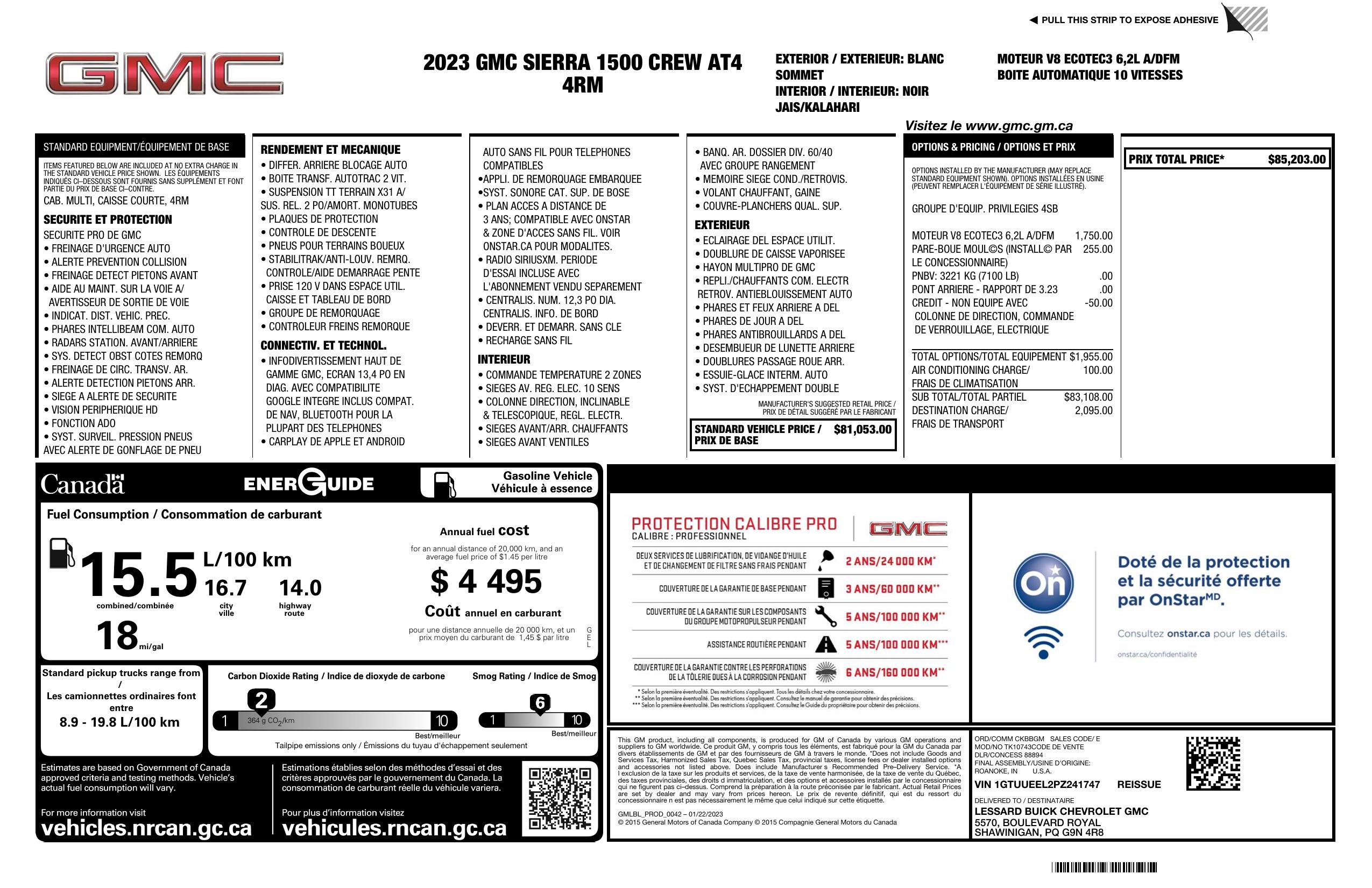 Window Sticker for 2023 GMC Sierra 1500 4 Wd Crew Cab At4