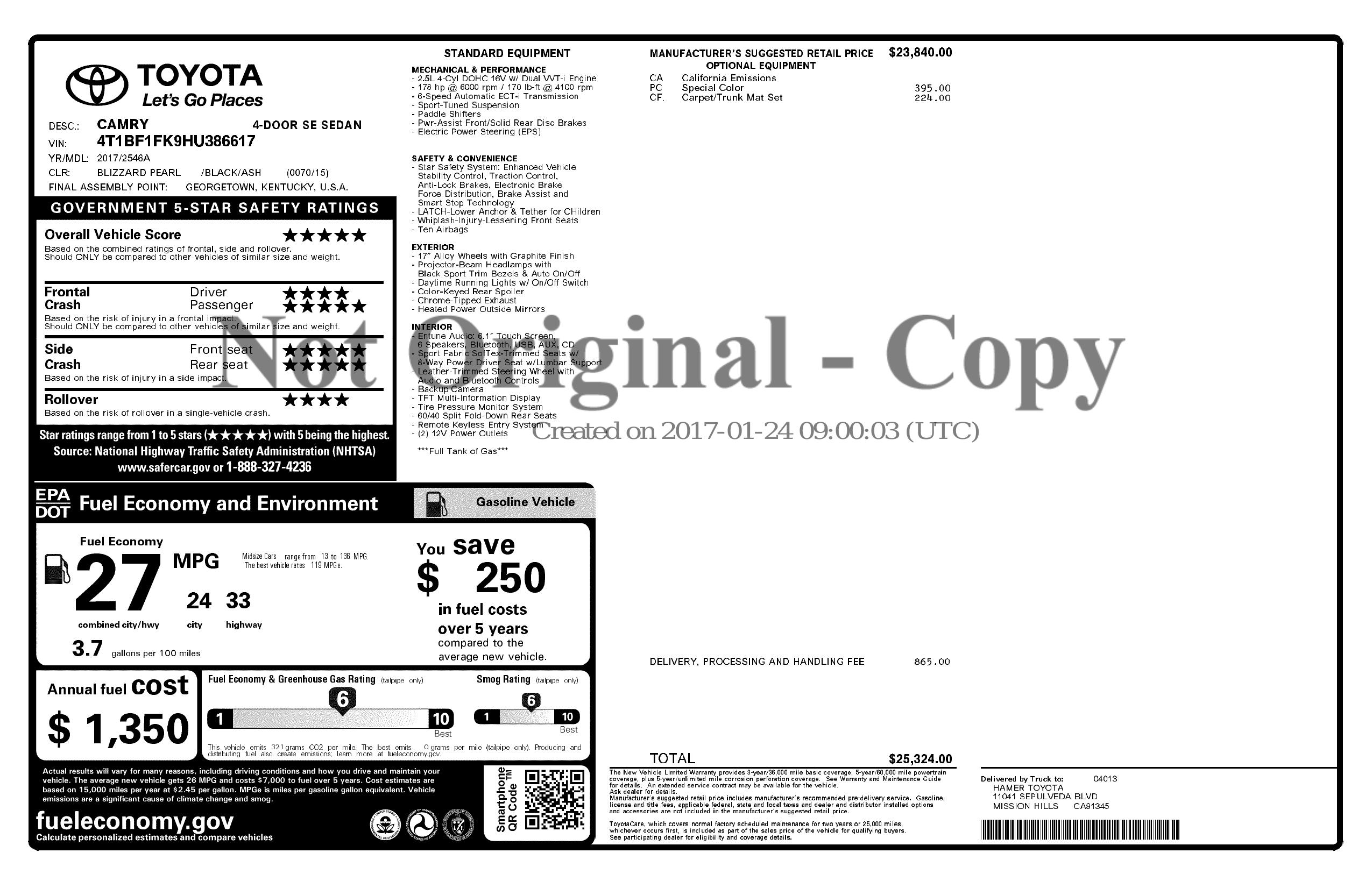 Window Sticker for 2017 Toyota Camry Auto (Natl)