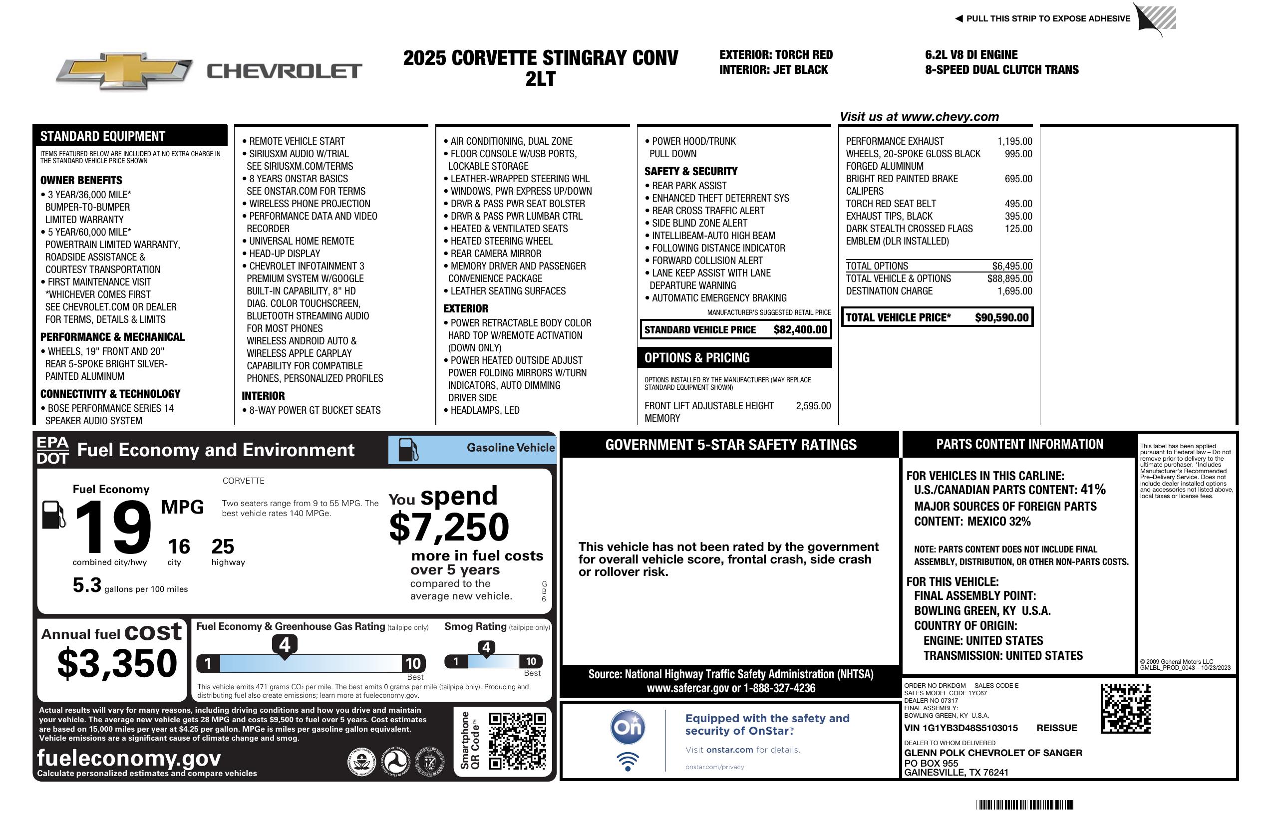 Window Sticker for 2025 Chevrolet Corvette 2dr Stingray Conv W/2 Lt