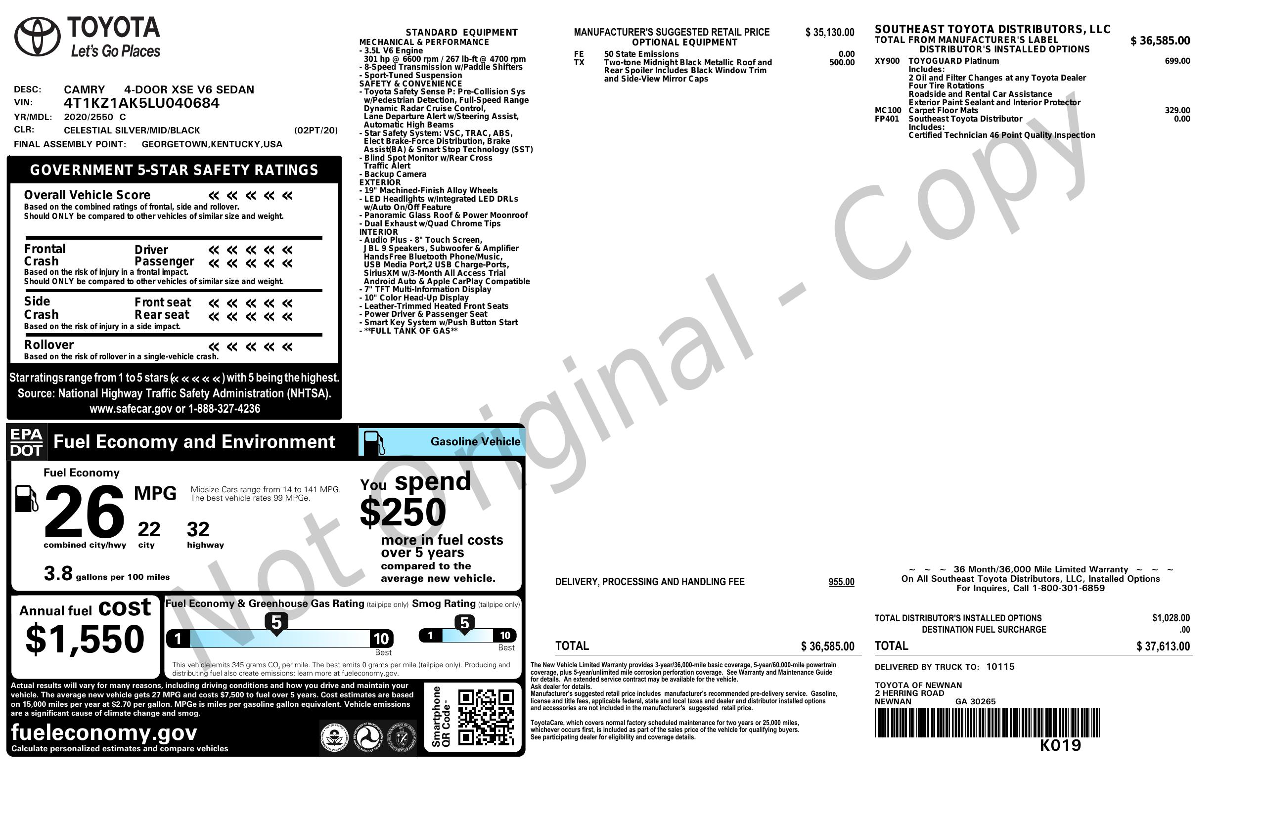 Window Sticker for 2020 Toyota Camry V6 Auto (Natl)