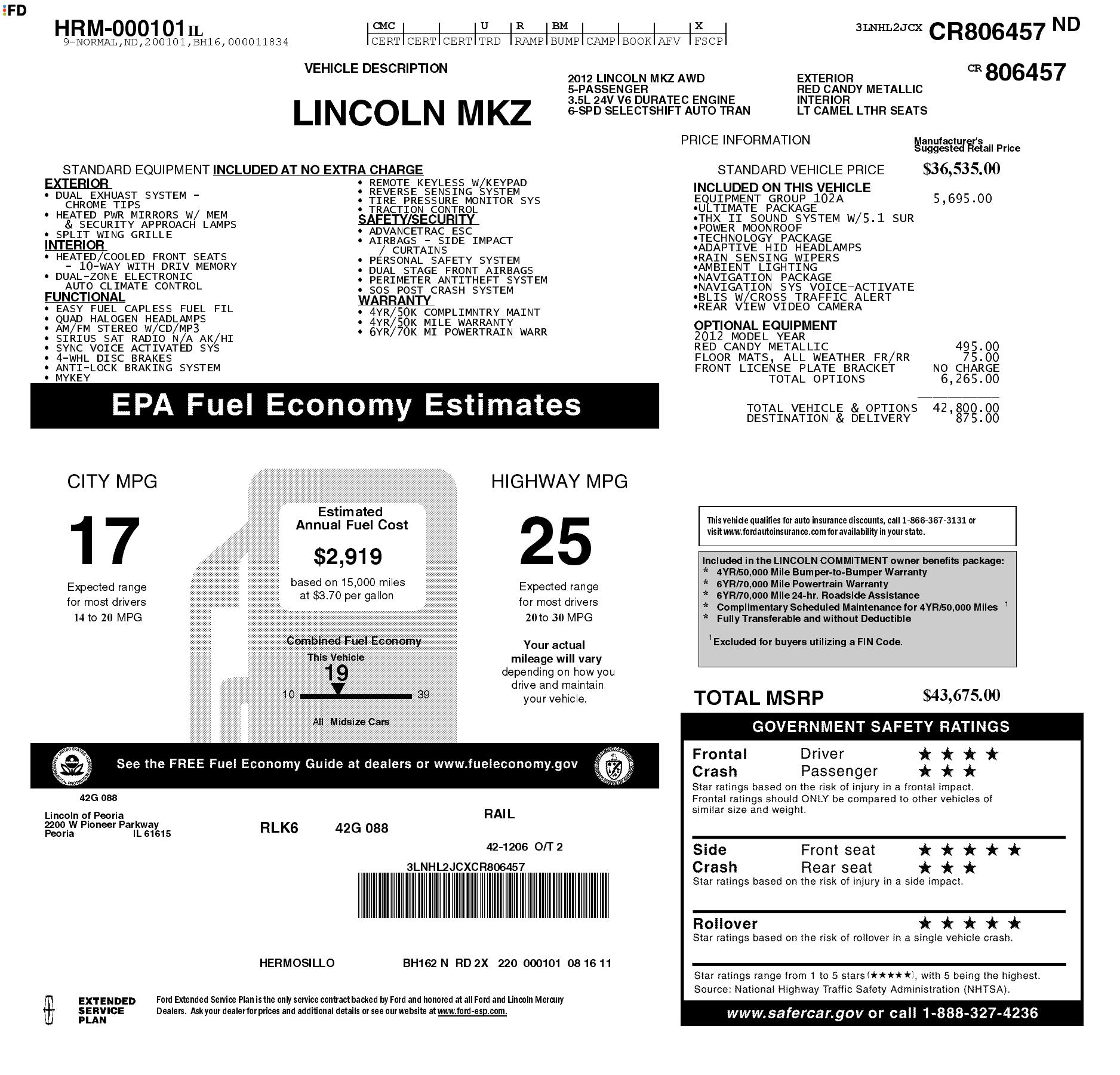 Window Sticker for 2012 Lincoln Mkz 4dr Sdn Awd