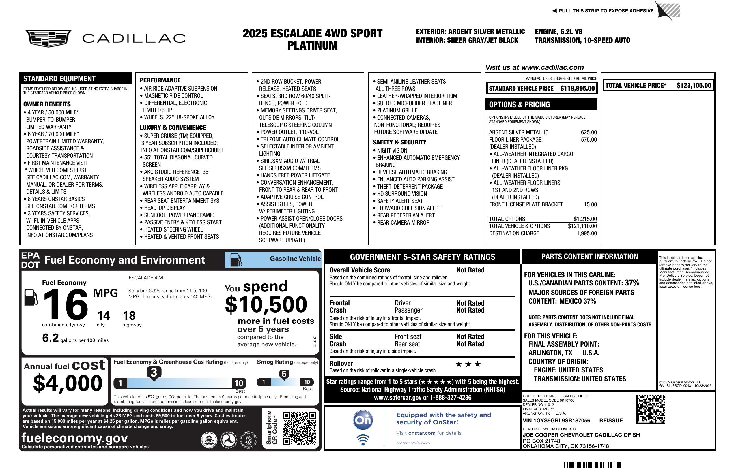 Window Sticker for 2025 Cadillac Escalade 4 Wd 4dr Sport Platinum