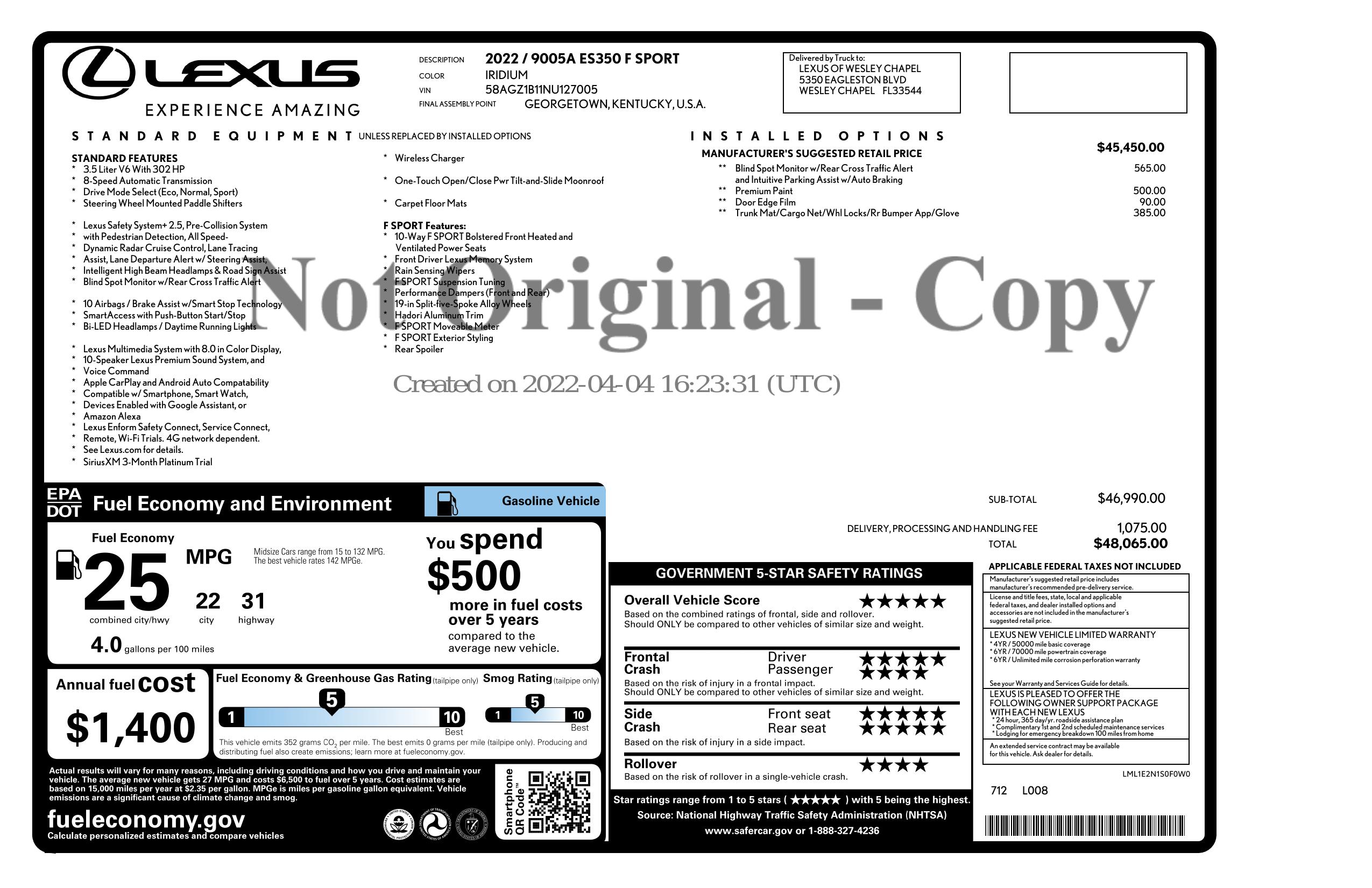 Window Sticker for 2022 Lexus Es Es 350 F Sport Fwd