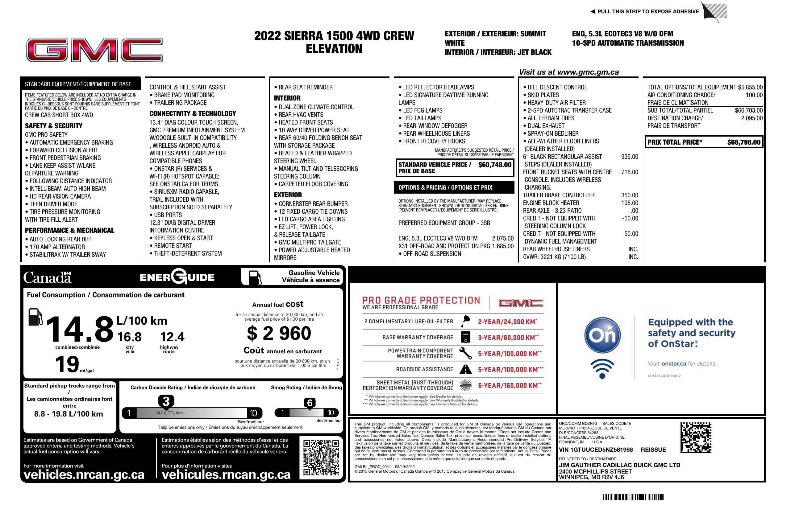 Window Sticker for 2022 GMC Sierra 1500 4 Wd Crew Cab Elevation