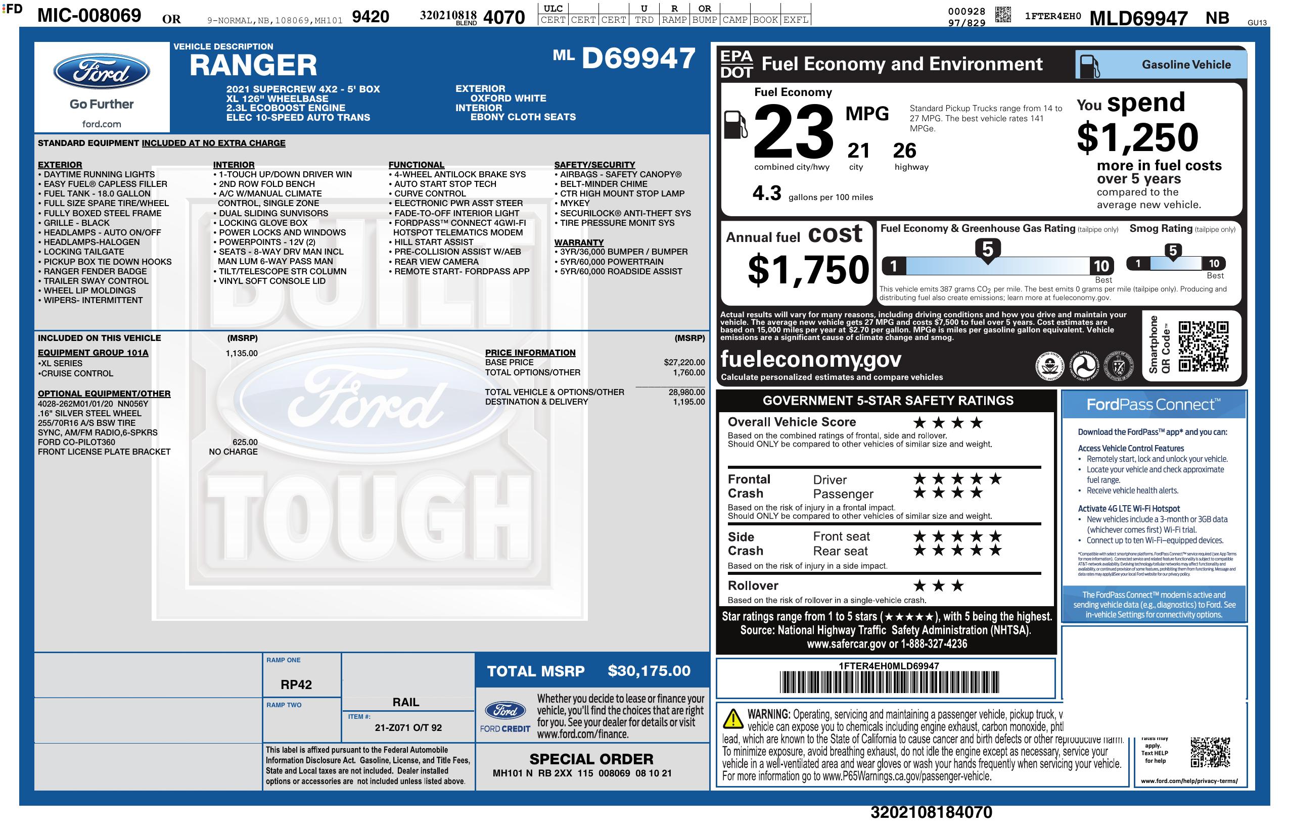 Window Sticker for 2021 Ford Ranger 2 Wd Super Crew 5' Box