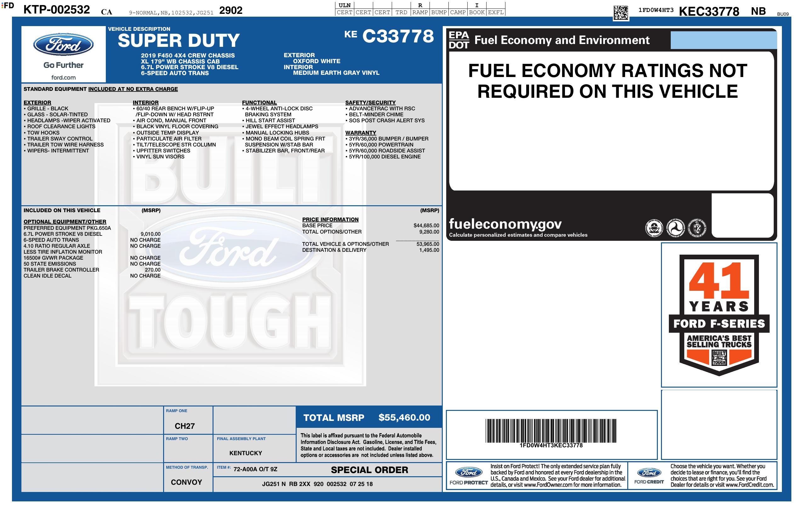 Window Sticker for 2019 Ford Super Duty F 450 Drw 4 Wd Crew Cab Wb Ca
