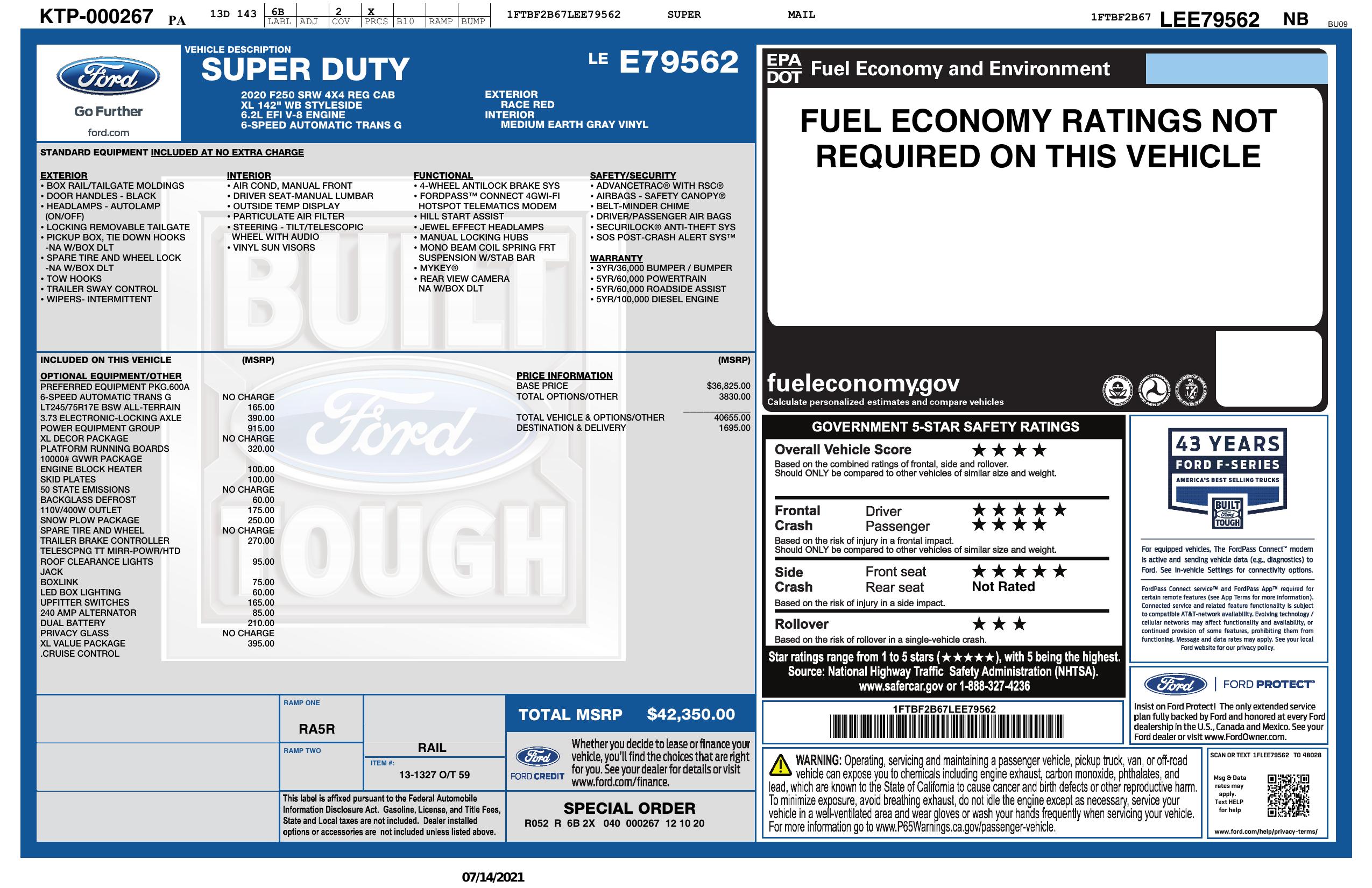 Window Sticker for 2020 Ford Super Duty F 250 Srw 4 Wd Reg Cab 8' Box
