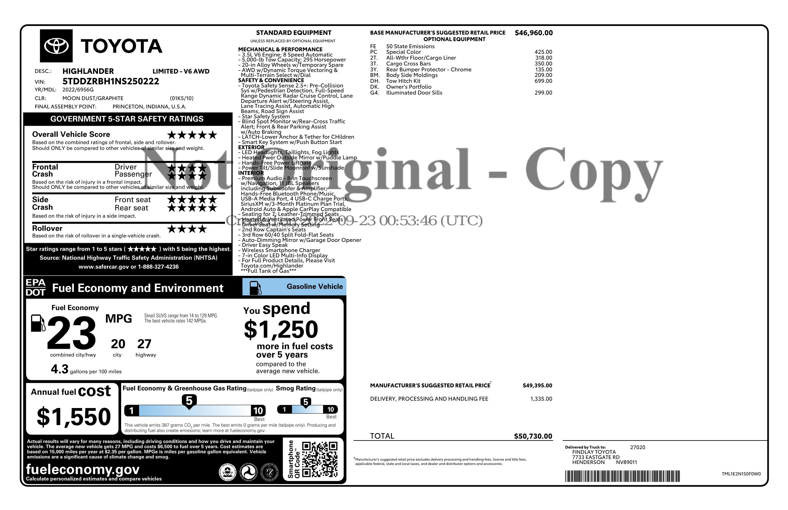 Window Sticker for 2022 Toyota Highlander Limited Awd (Natl)
