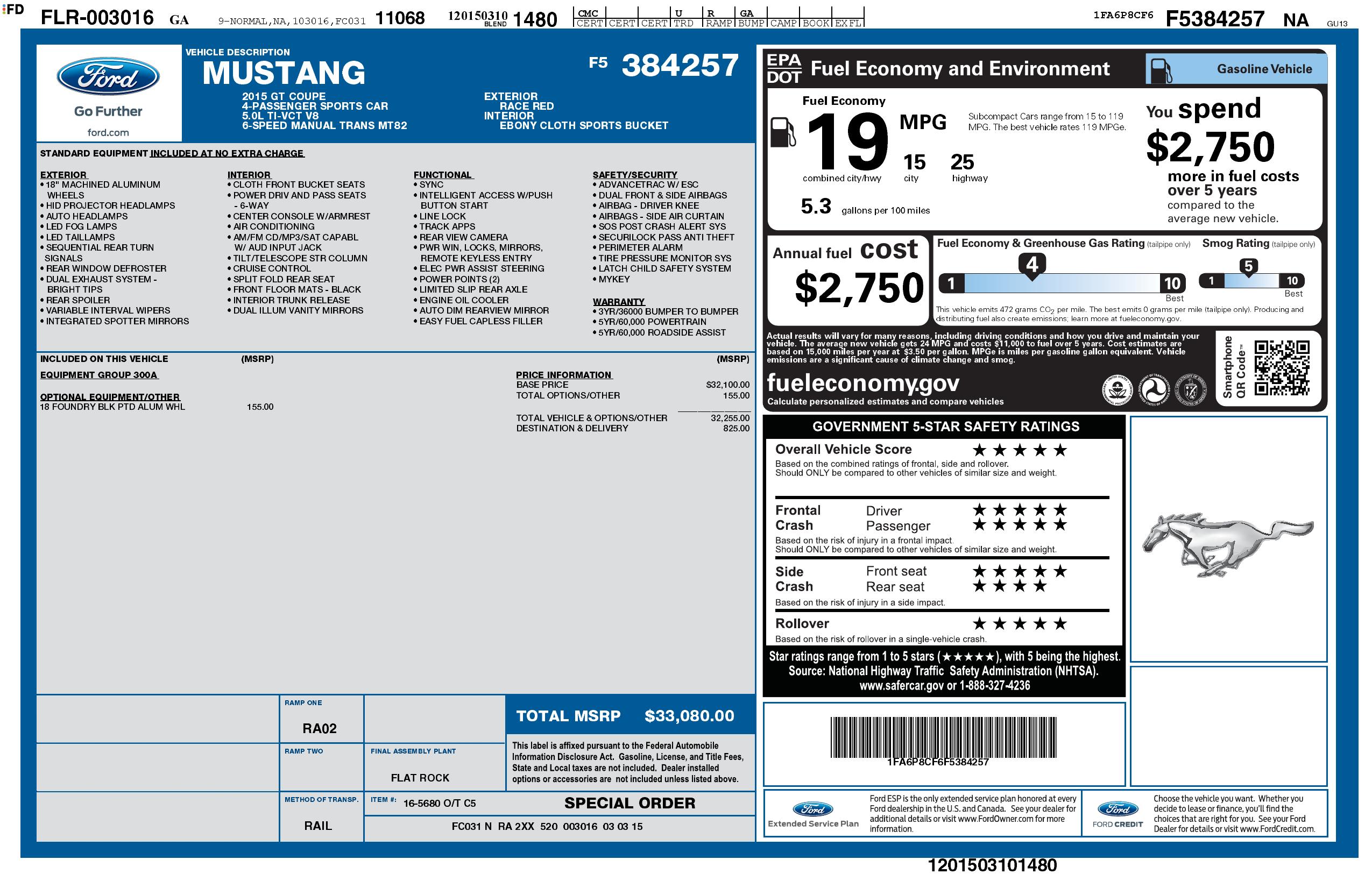 Window Sticker for 2015 Ford Mustang 2dr Fastback Gt