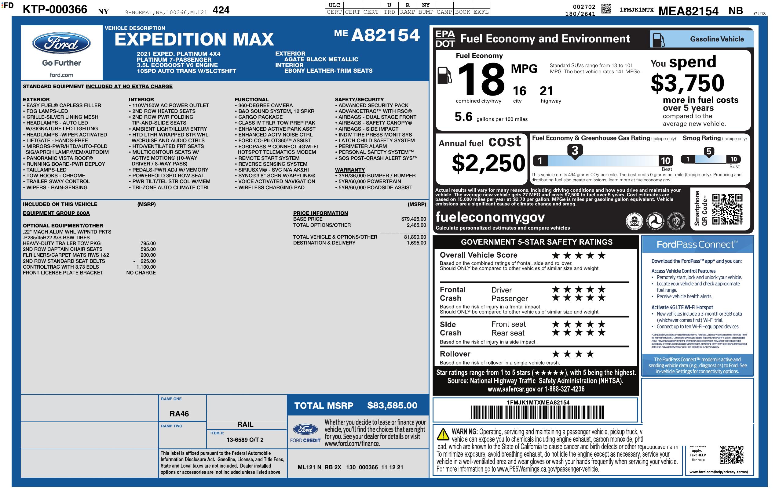 Window Sticker for 2021 Ford Expedition Max Platinum 4x4