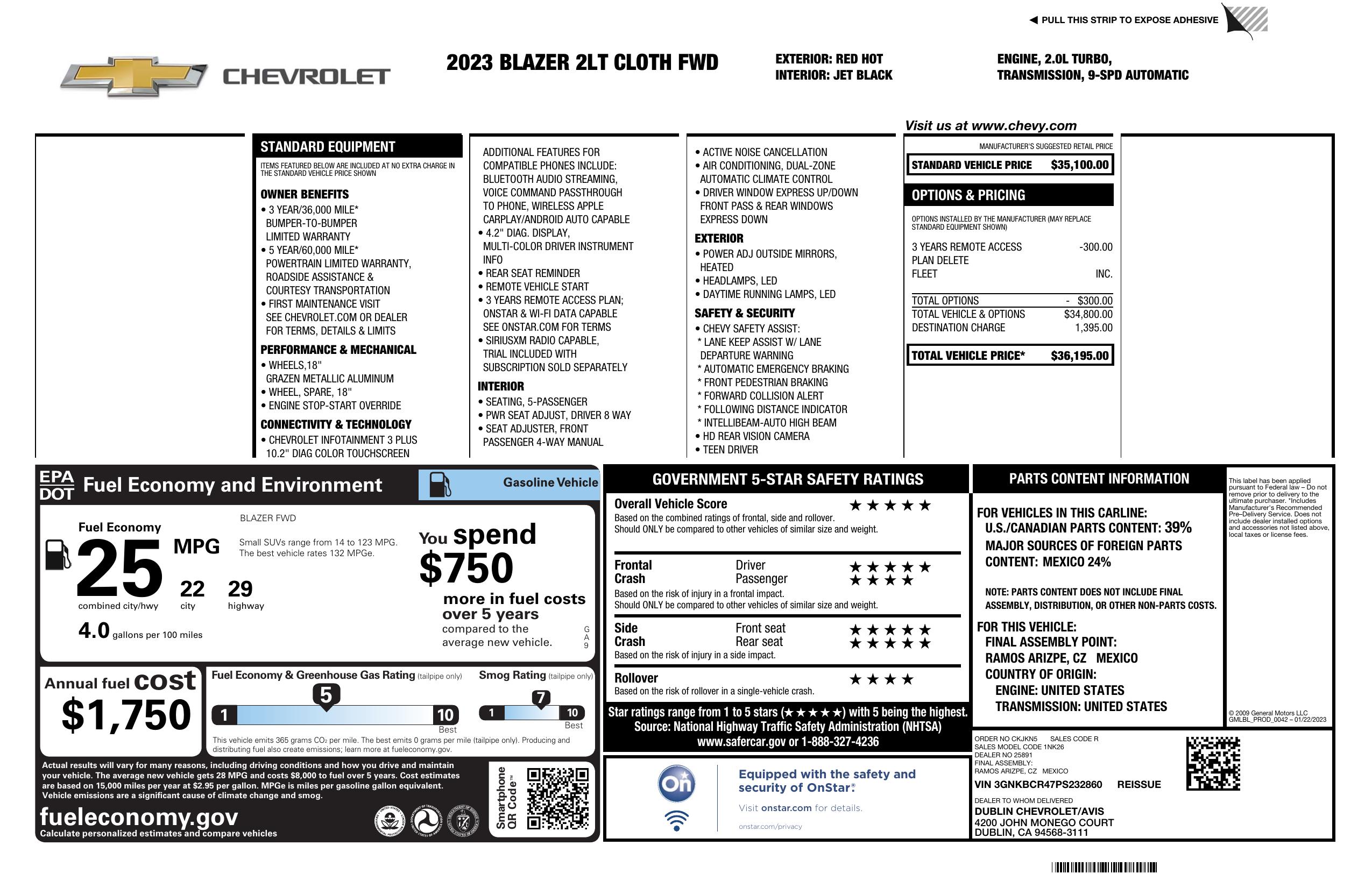 Window Sticker for 2023 Chevrolet Blazer Fwd 4dr Lt W/2 Lt