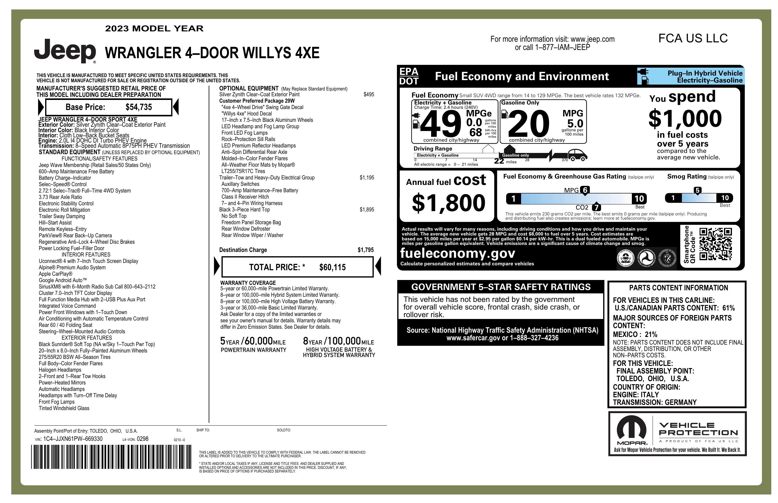 Window Sticker for 2023 Jeep Wrangler 4xe 4x4