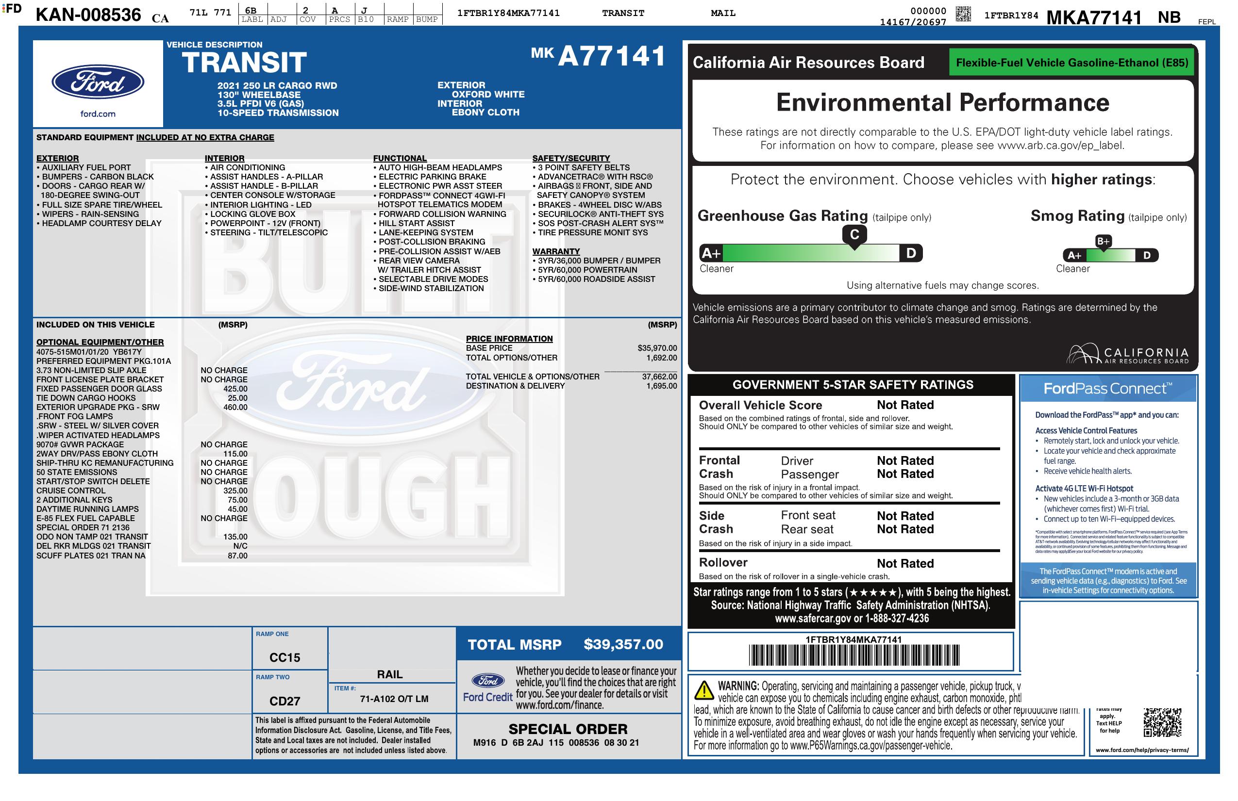 Window Sticker for 2021 Ford Transit Cargo Van T 250 Low Rf 9070 Gvwr Rwd