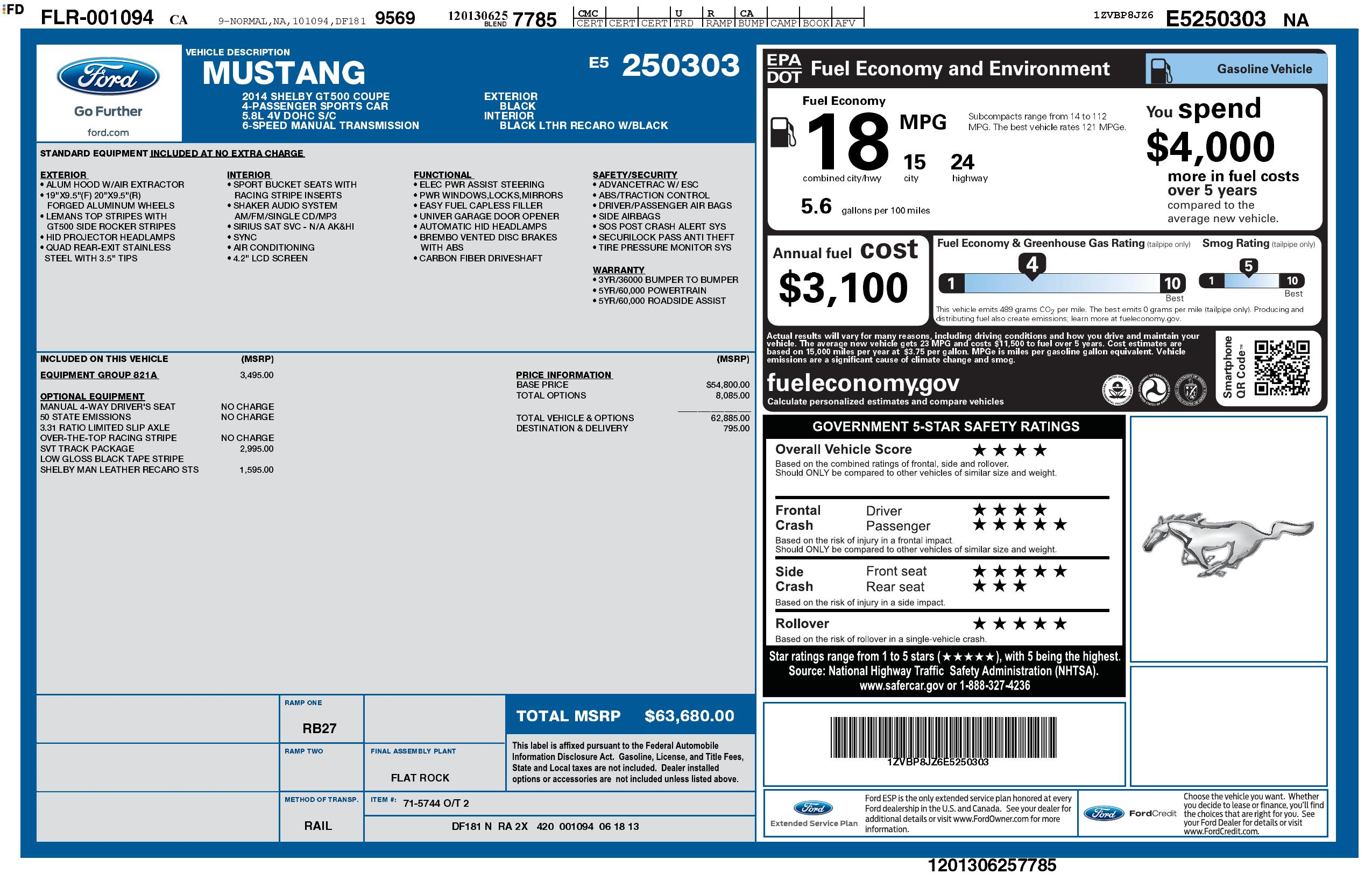 Window Sticker for 2014 Ford Mustang 2dr Cpe Shelby Gt500