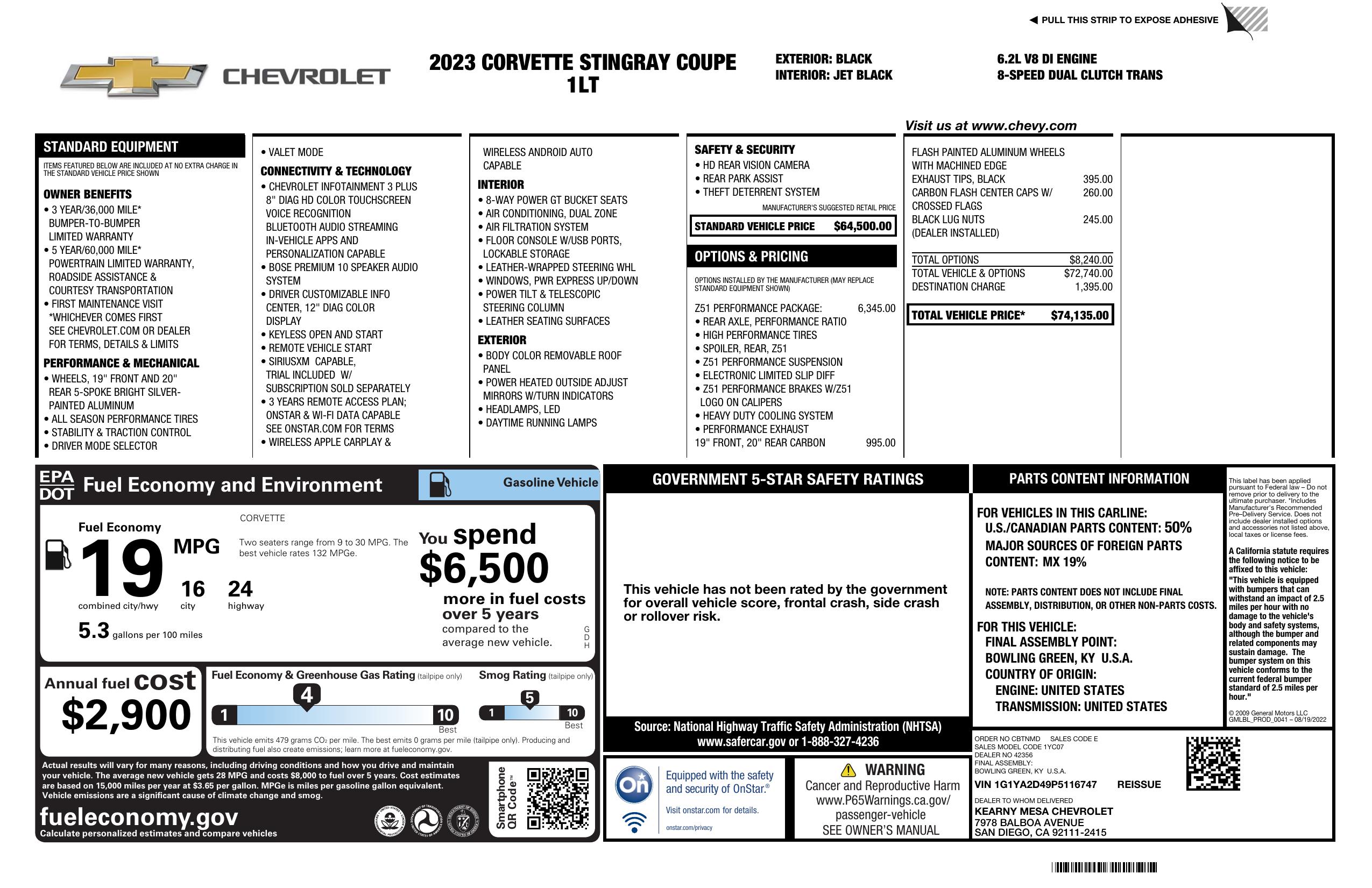 Window Sticker for 2023 Chevrolet Corvette 2dr Stingray Cpe W/1 Lt
