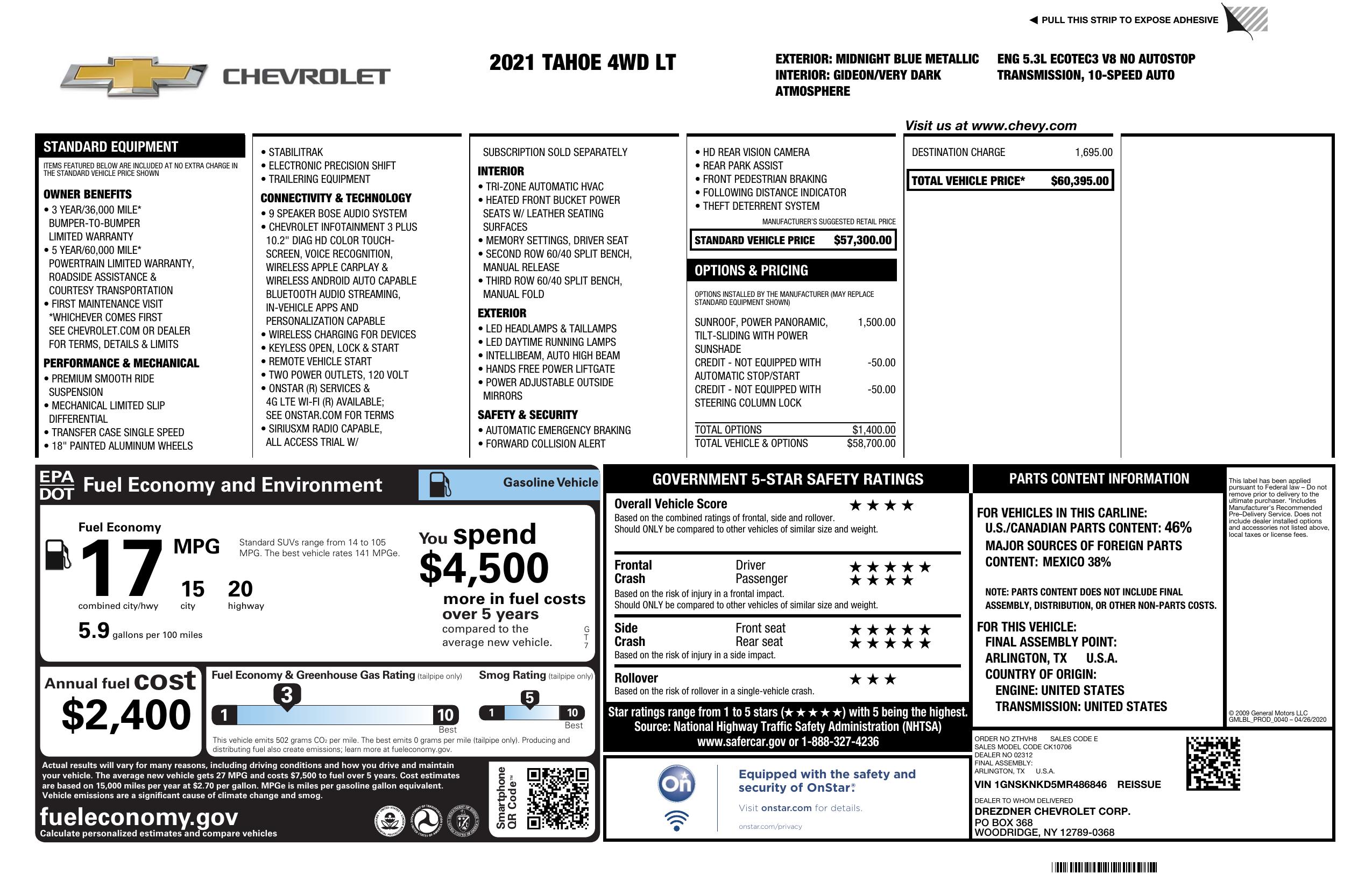 Window Sticker for 2021 Chevrolet Tahoe 4 Wd 4dr Lt