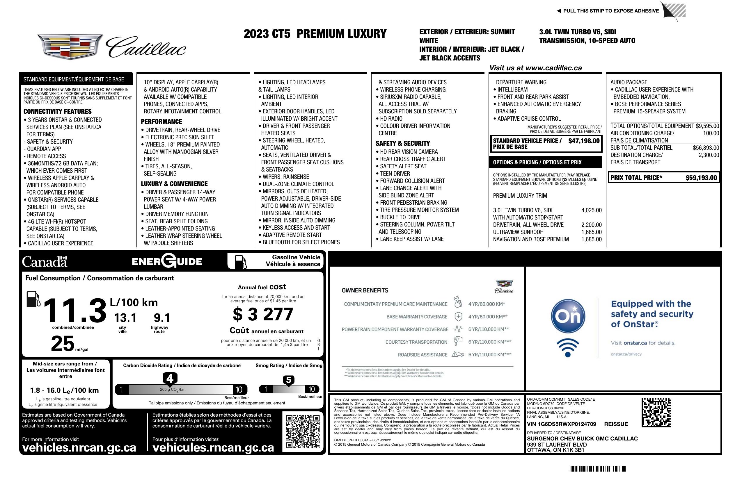 Window Sticker for 2023 Cadillac Ct5 Premium Luxury