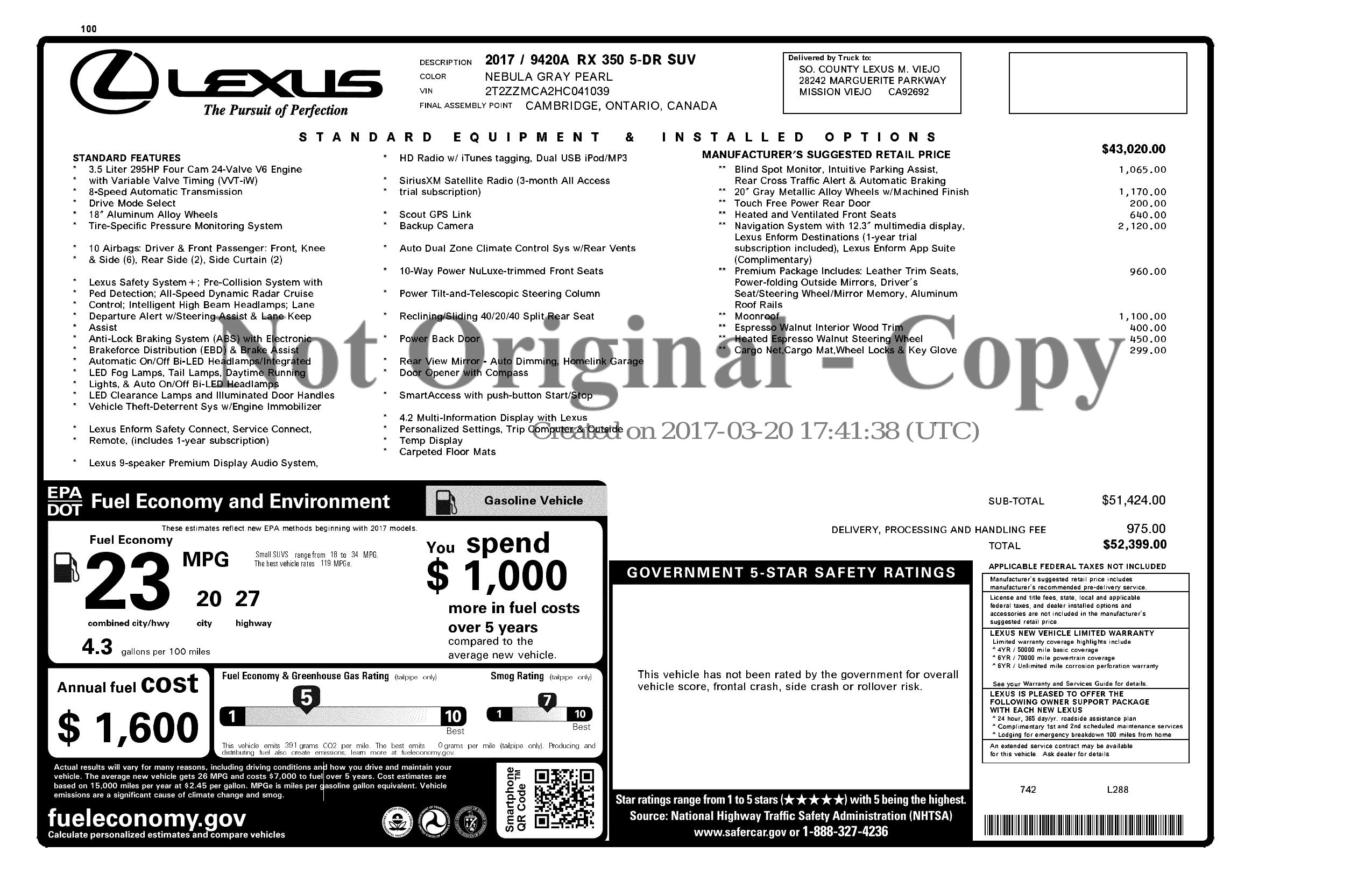 Window Sticker for 2017 Lexus Rx 350 Fwd