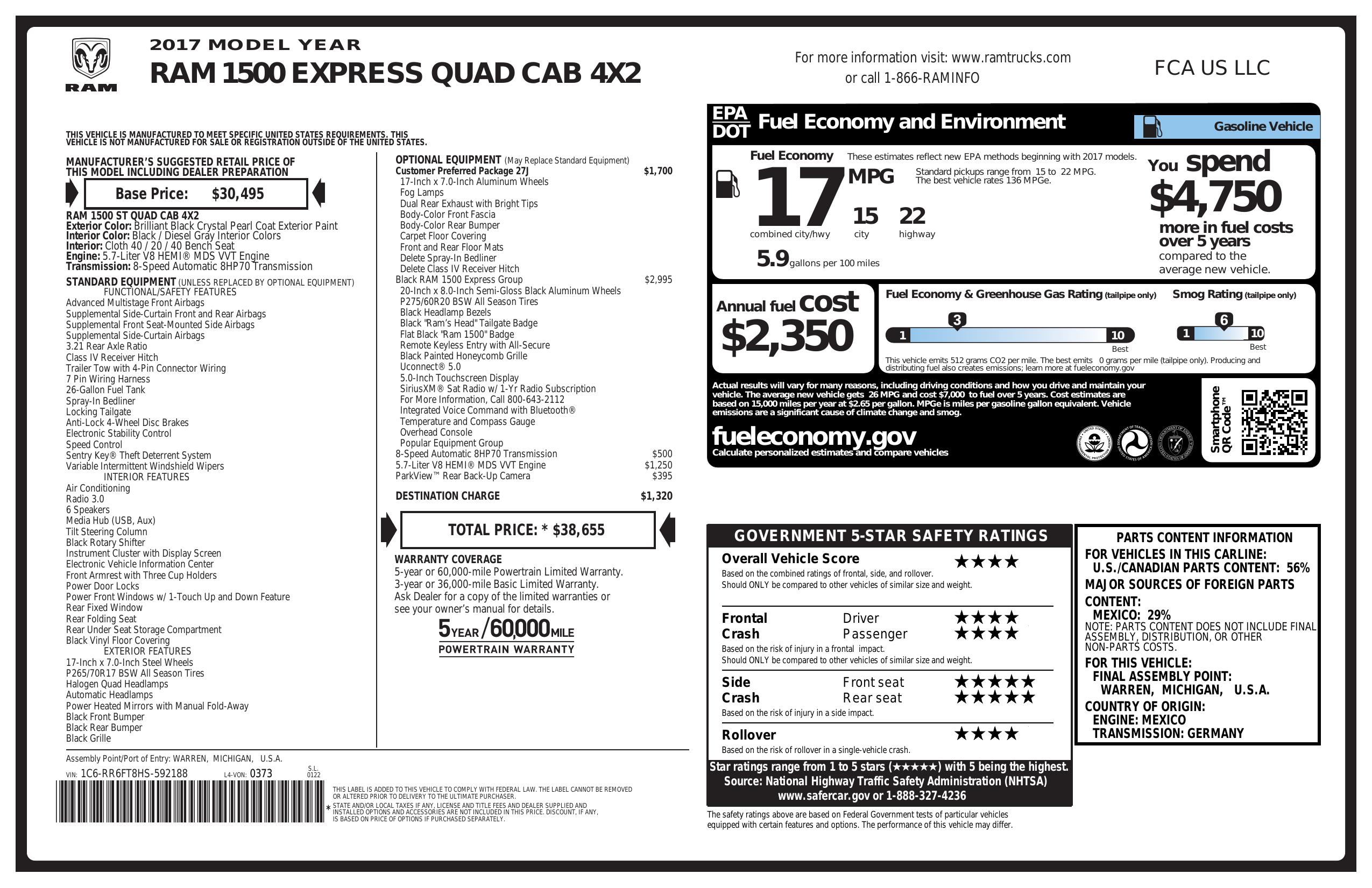 Window Sticker for 2017 Ram 1500 Express 4x2 Quad Cab 6'4" Box