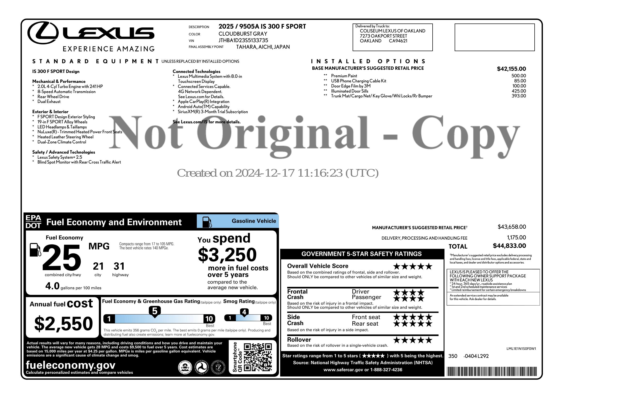 Window Sticker for 2025 Lexus Is