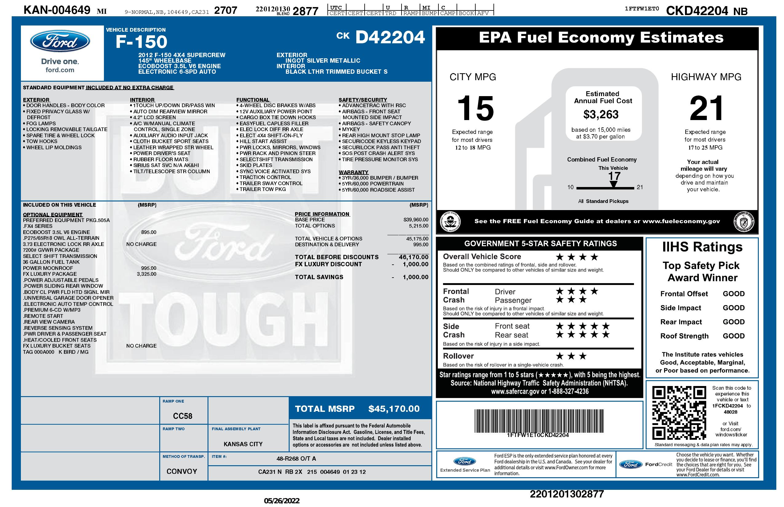 Window Sticker for 2012 Ford F 150 4 Wd Super Crew