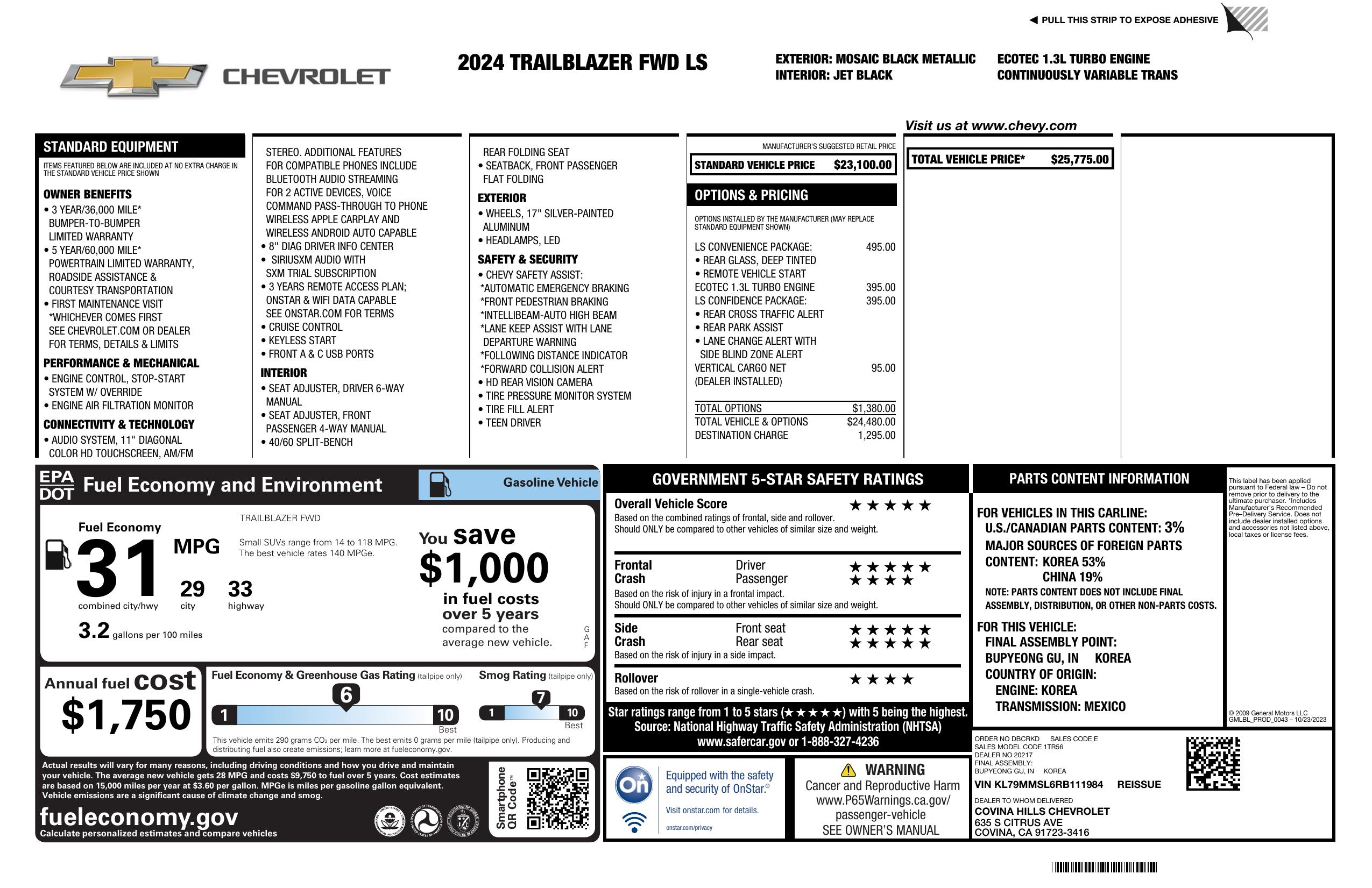 Window Sticker for 2024 Chevrolet Trailblazer Fwd 4dr Ls