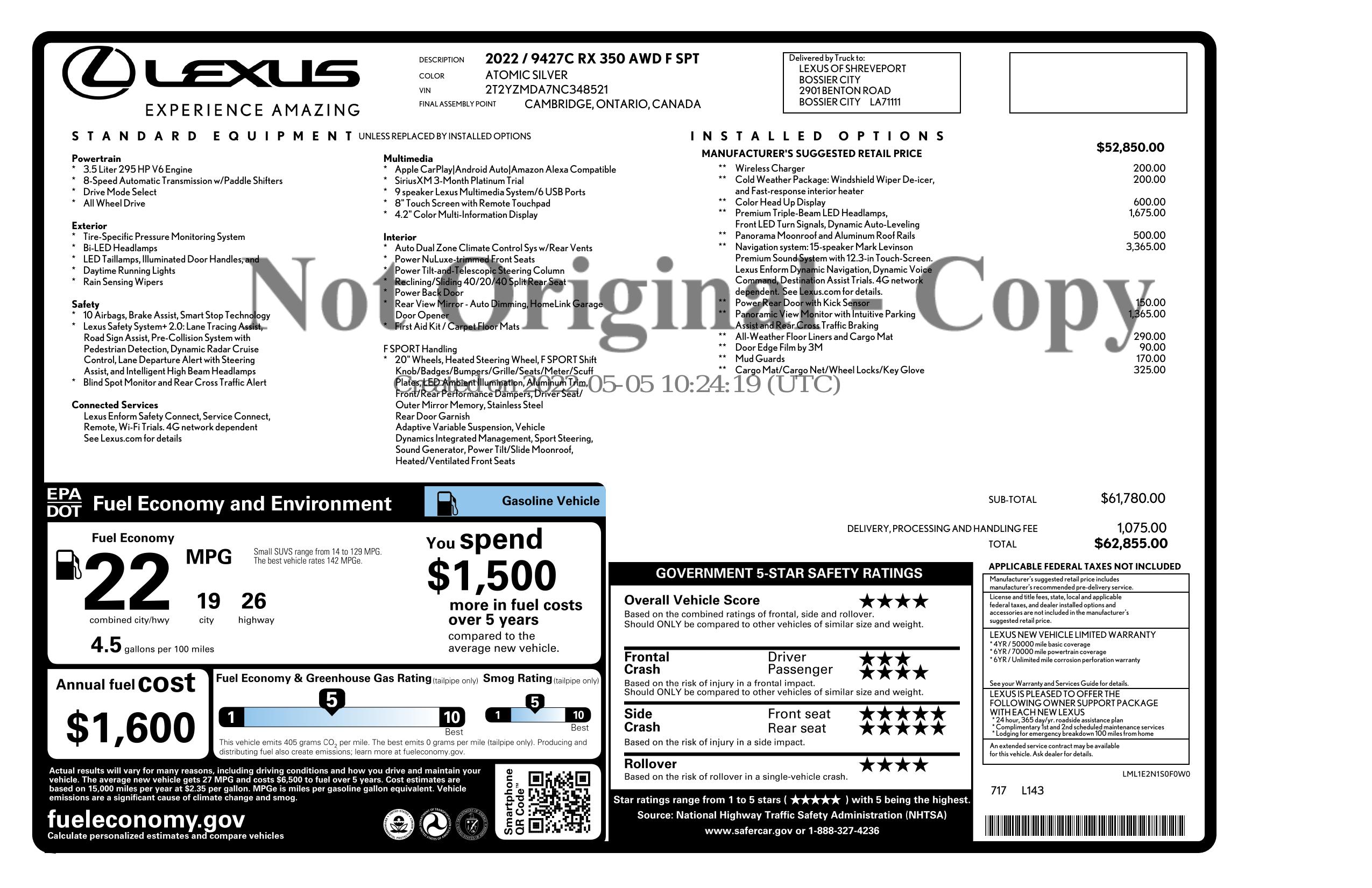 Window Sticker for 2022 Lexus Rx Rx 350 F Sport Handling Awd