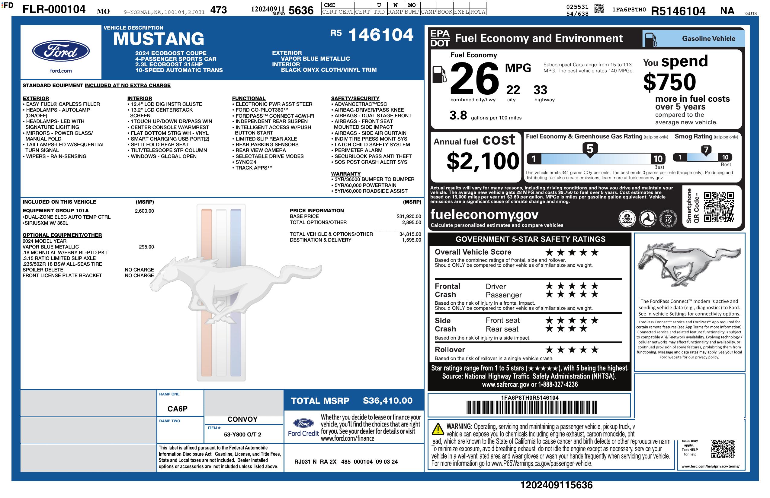 Window Sticker for 2024 Ford Mustang Eco Boost Fastback