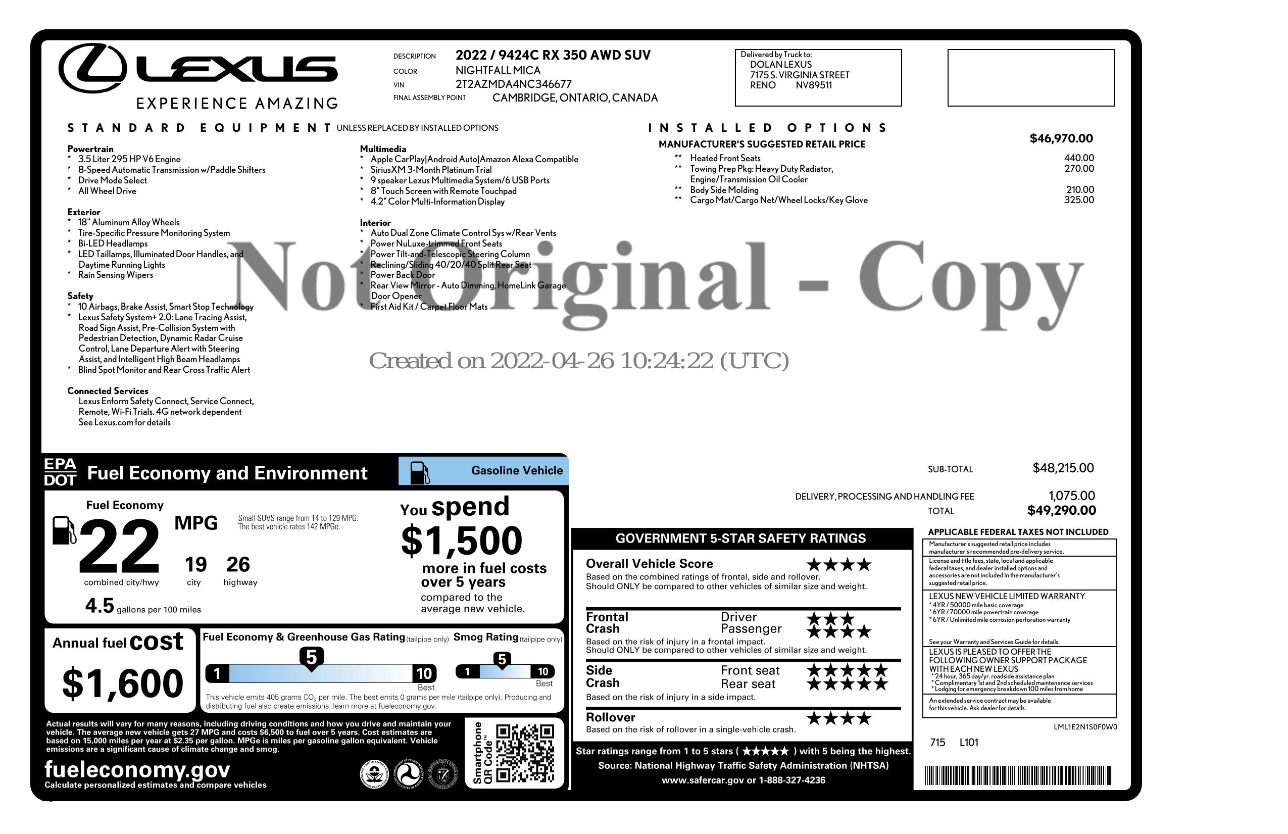 Window Sticker for 2022 Lexus Rx Rx 350 Awd