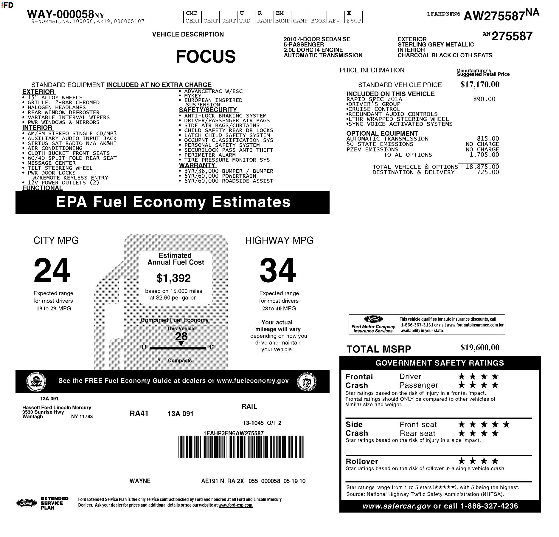 Window Sticker for 2010 Ford Focus 4dr Sdn Se