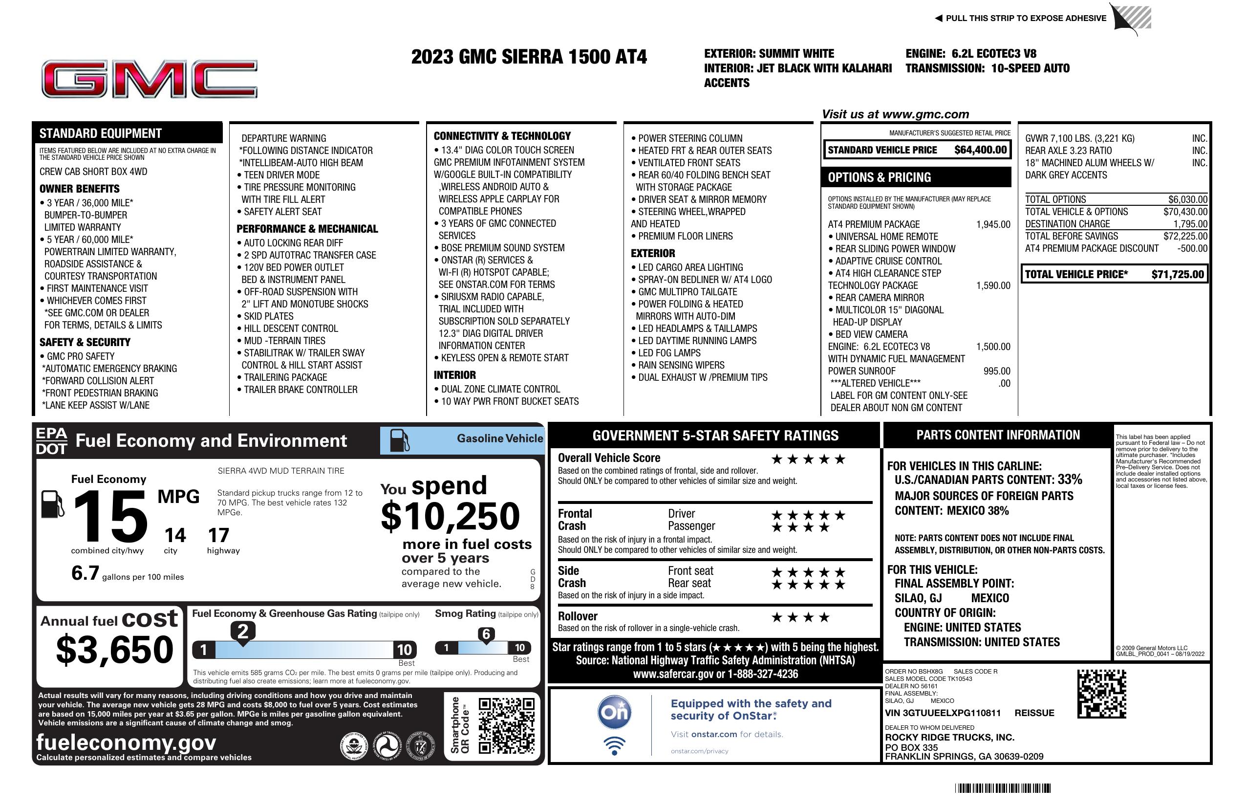Window Sticker for 2023 GMC Sierra 1500 4 Wd Crew Cab 147" At4