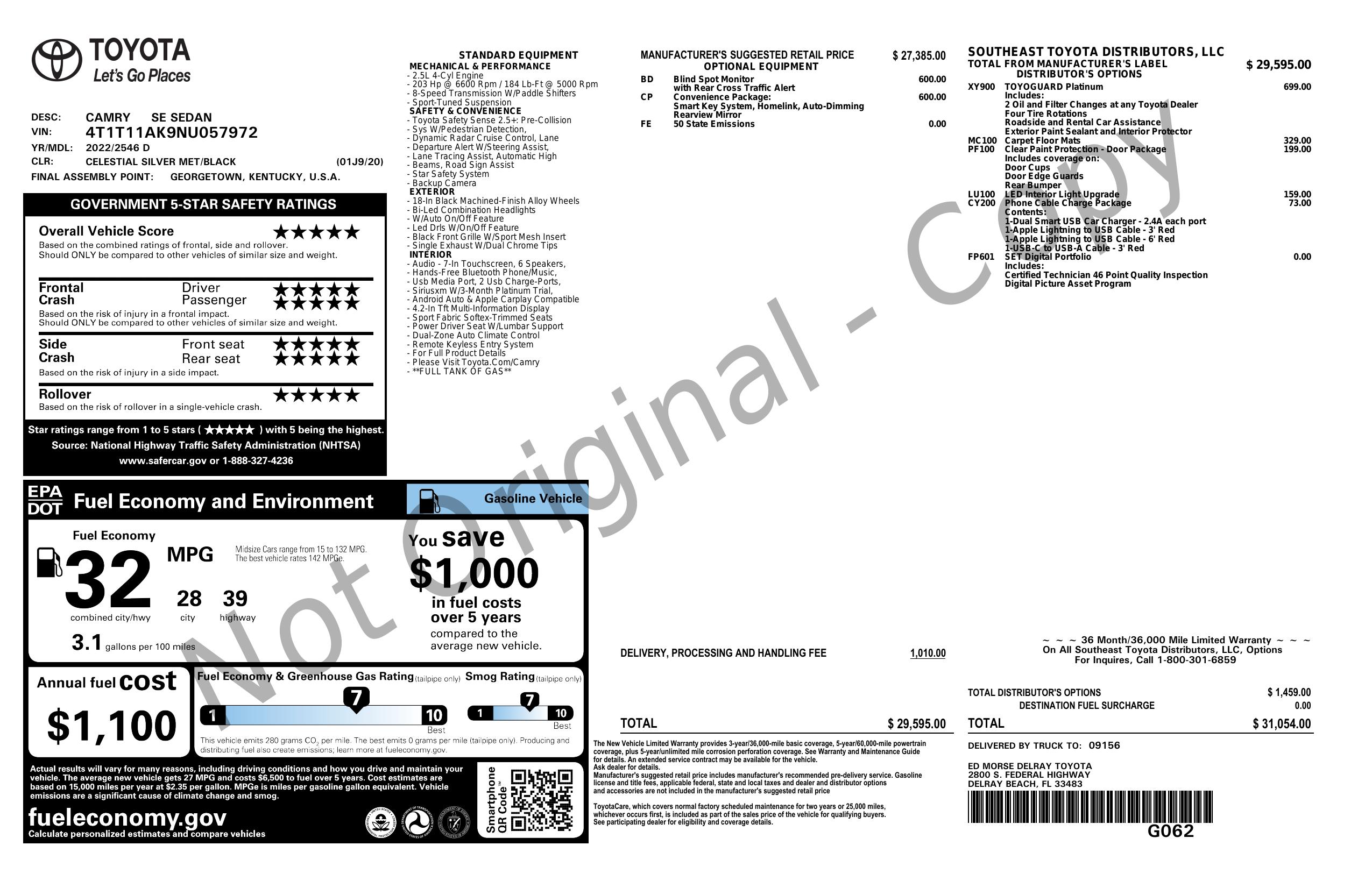 Window Sticker for 2022 Toyota Camry Se Auto (Natl)