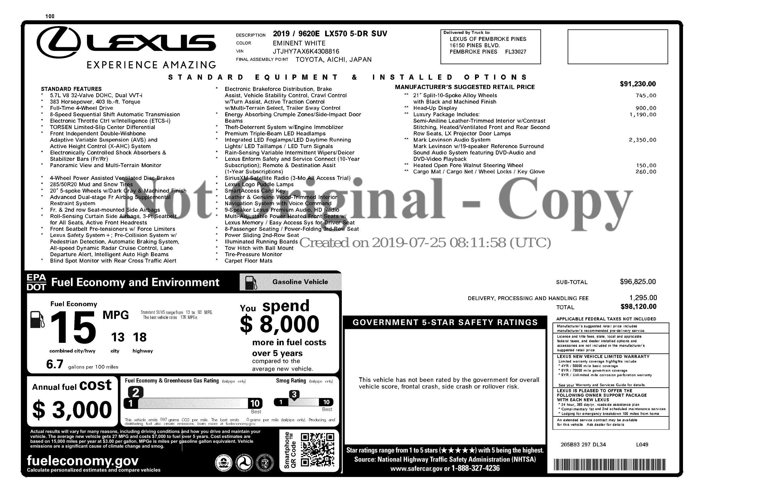 Window Sticker for 2019 Lexus Lx 570 Row 4 Wd