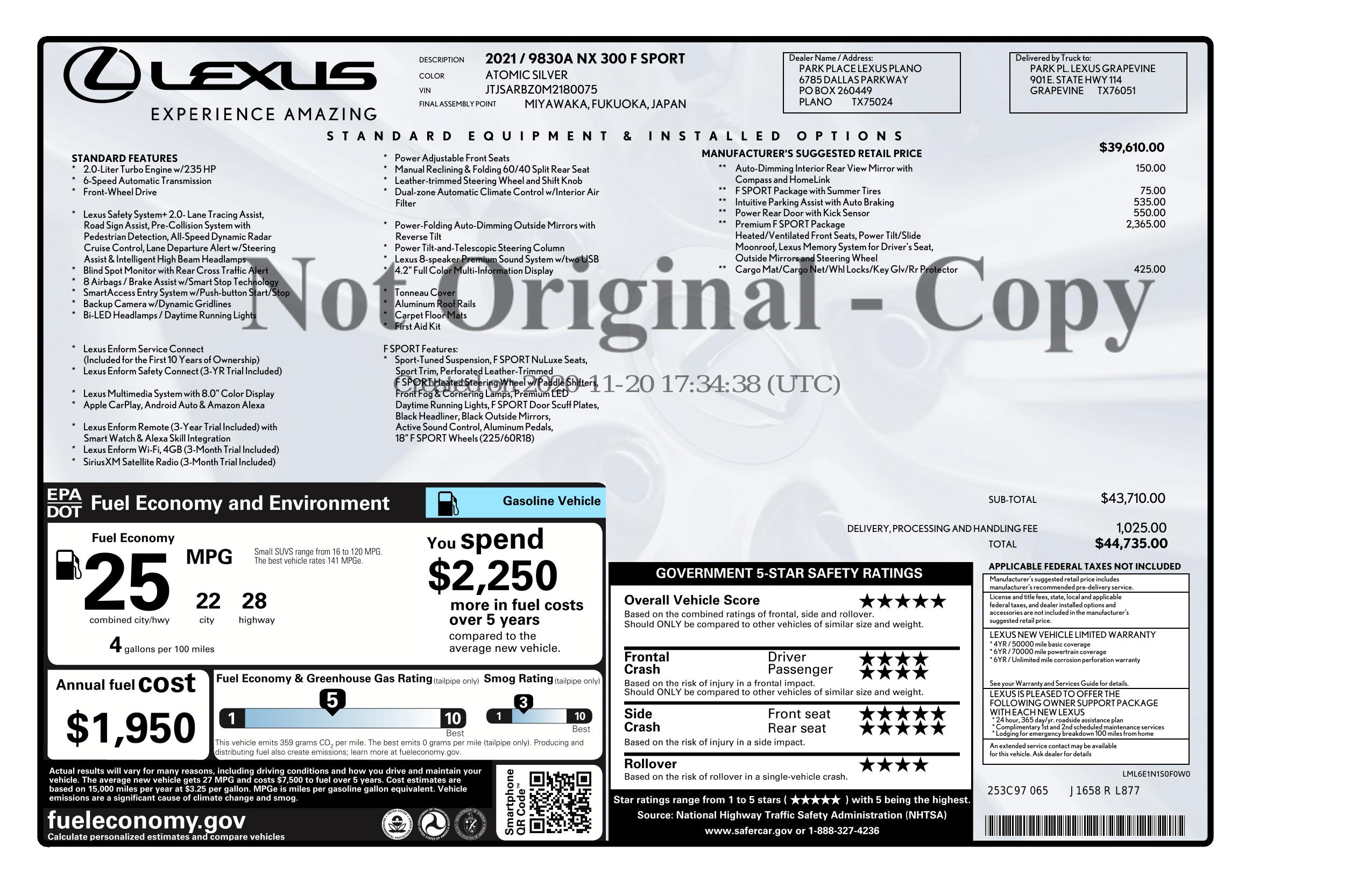 Window Sticker for 2021 Lexus Nx Nx 300 F Sport Fwd