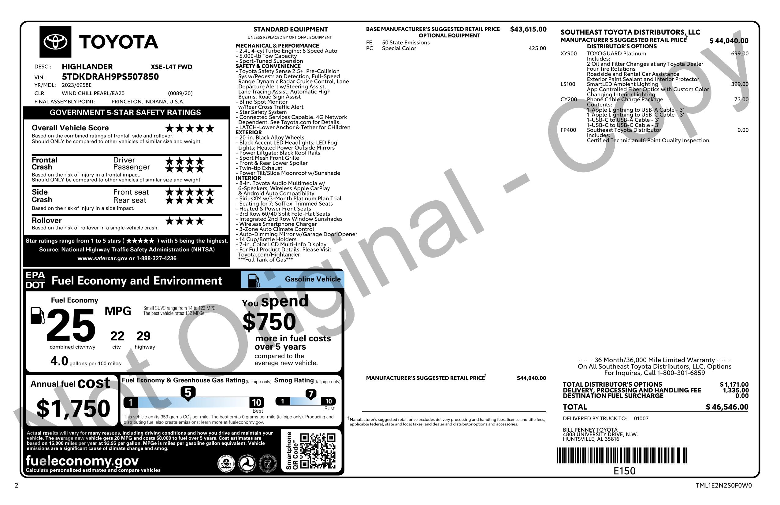 Window Sticker for 2023 Toyota Highlander Fwd (Natl)