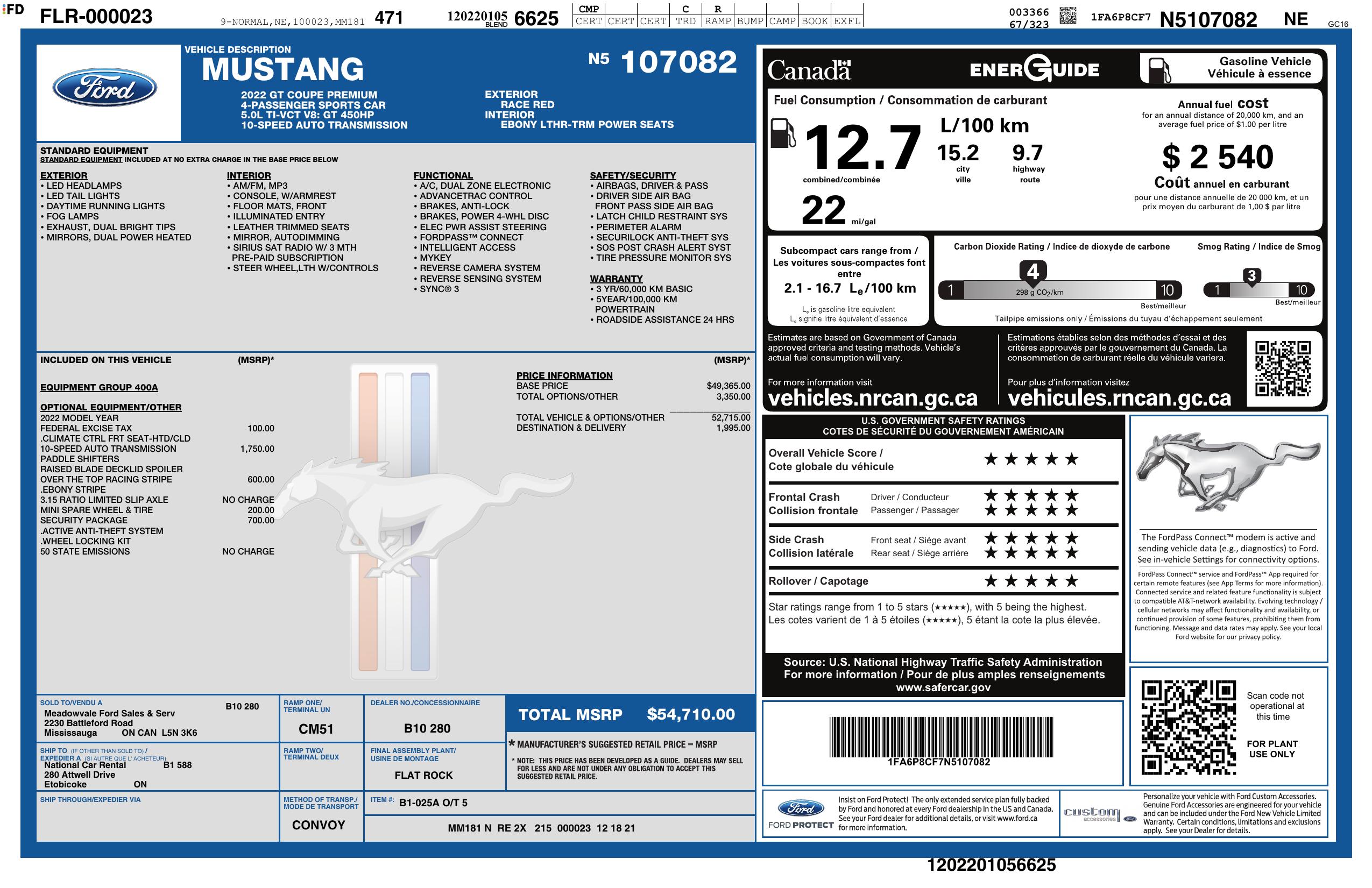Window Sticker for 2022 Ford Mustang Gt Fastback