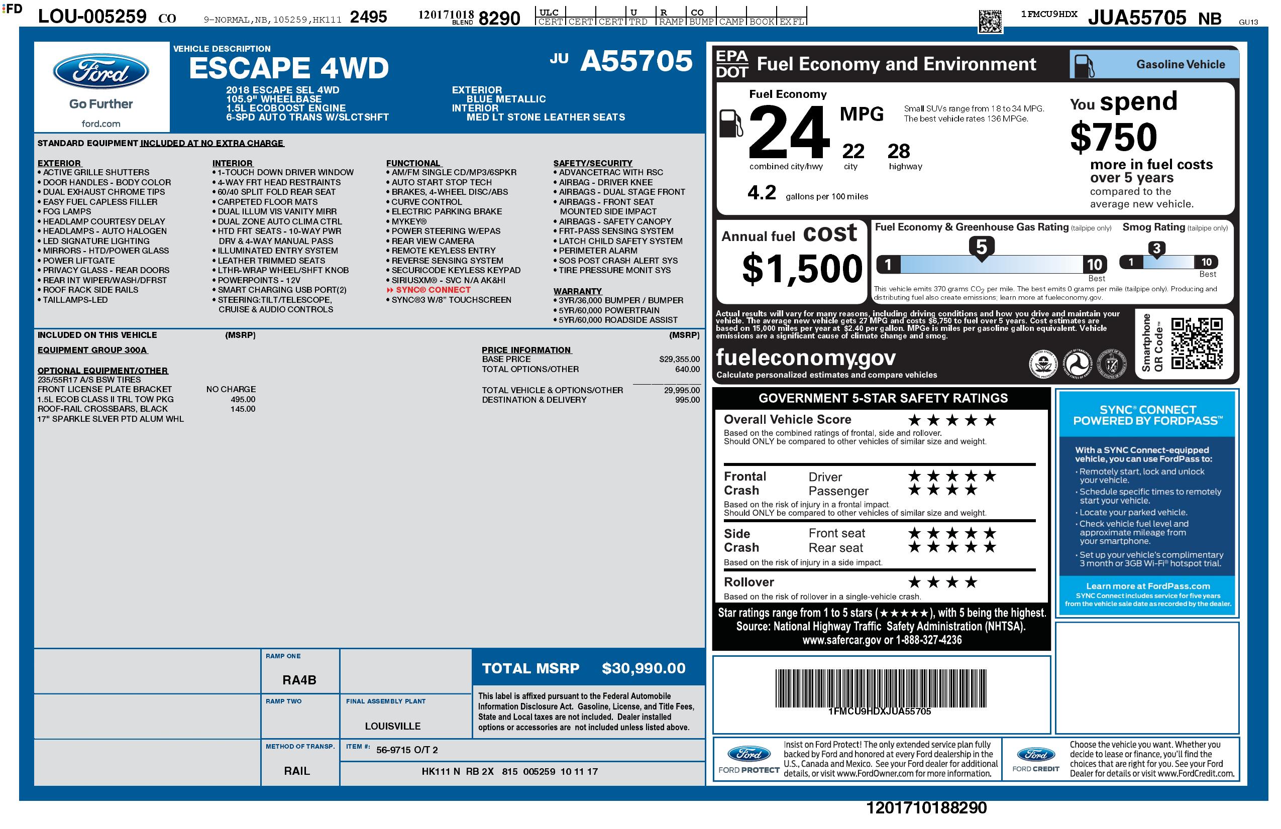 Window Sticker for 2018 Ford Escape Sel 4 Wd