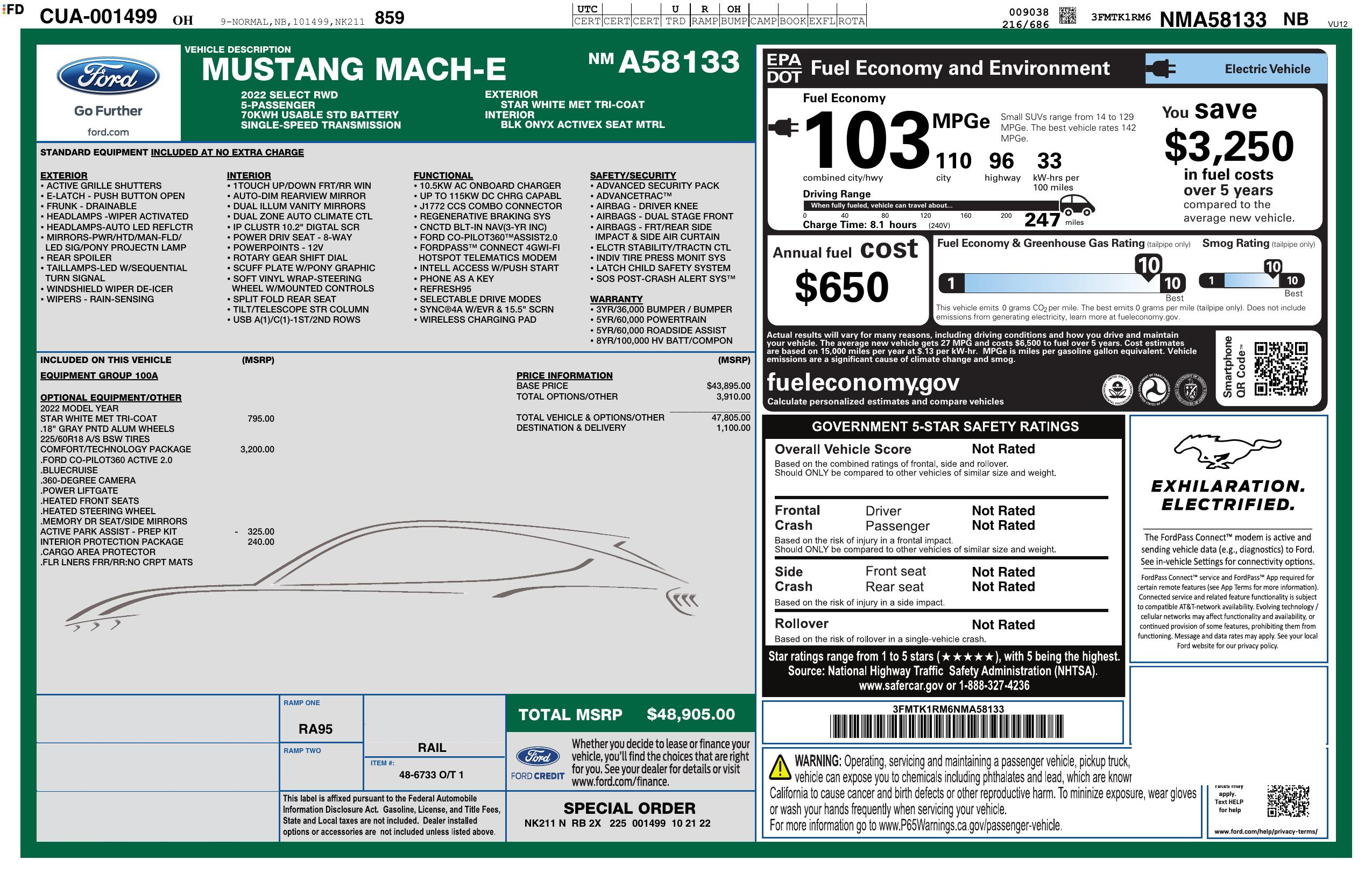 Window Sticker for 2022 Ford Mustang Mach E Select Rwd