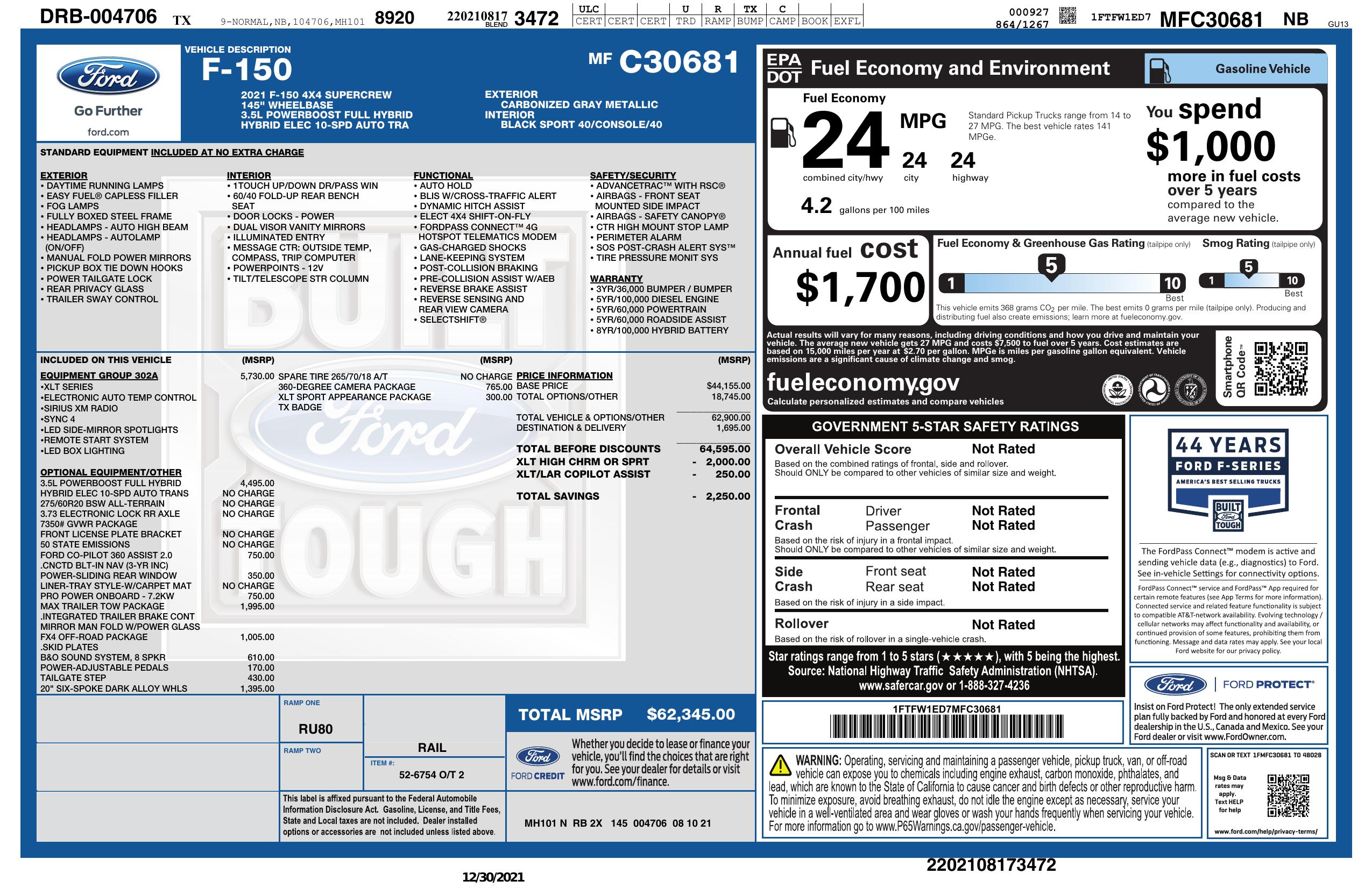Window Sticker for 2021 Ford F 150 4 Wd Super Crew Box