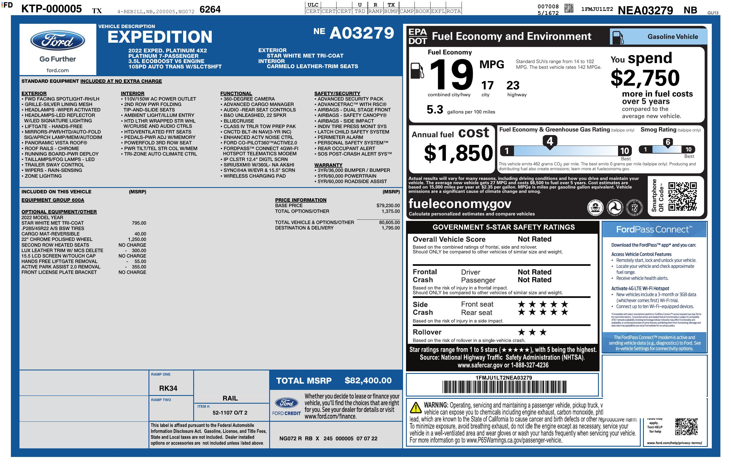 Window Sticker for 2022 Ford Expedition Platinum 4x2
