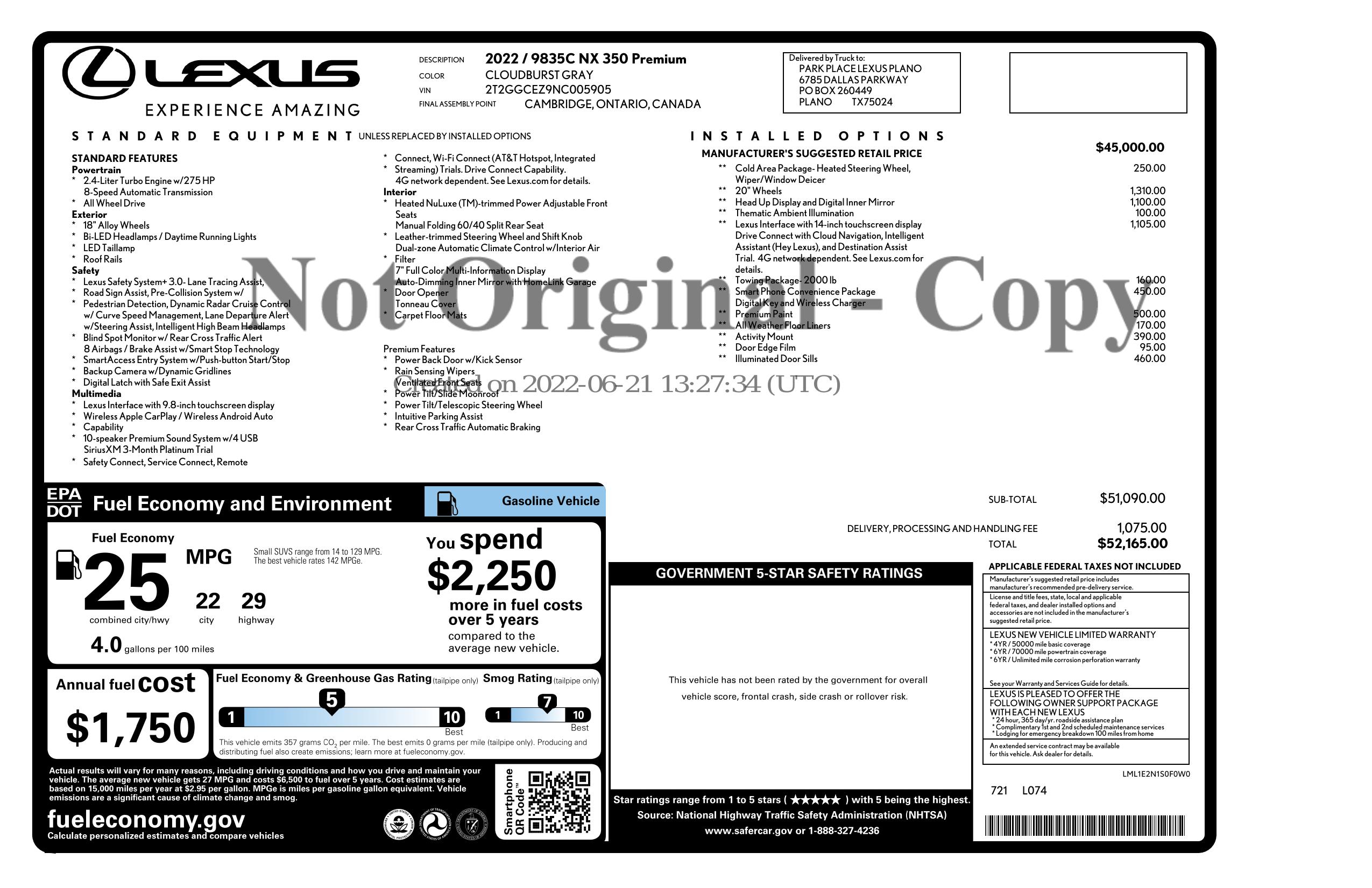 Window Sticker for 2022 Lexus Nx Nx 350 Premium Awd