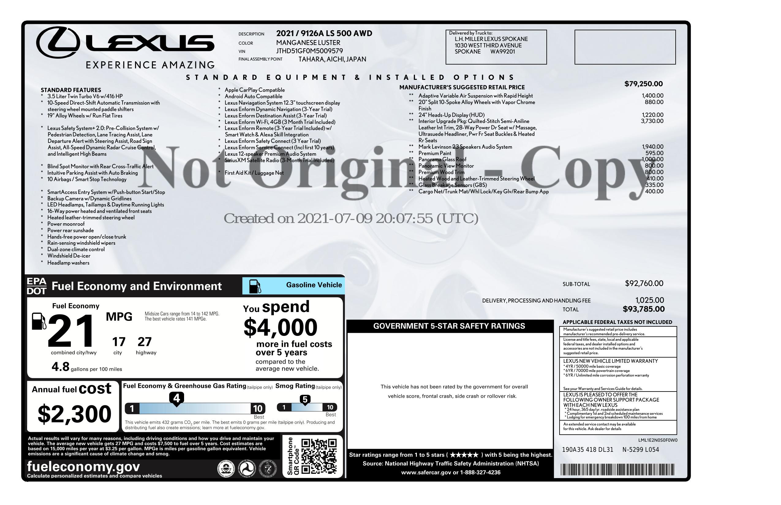 Window Sticker for 2021 Lexus Ls Ls 500 Awd