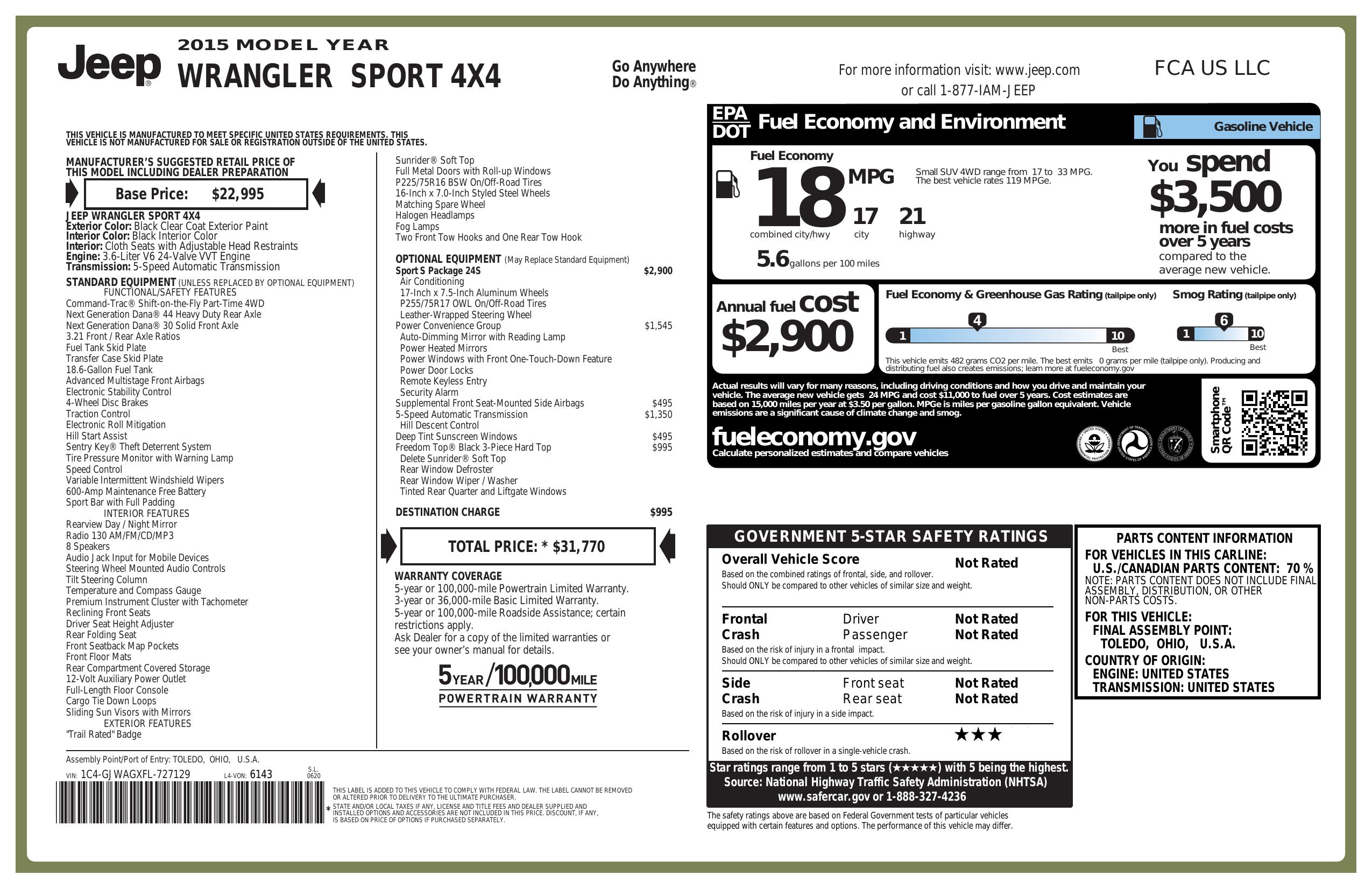 Window Sticker for 2015 Jeep Wrangler 4 Wd 2dr Sport