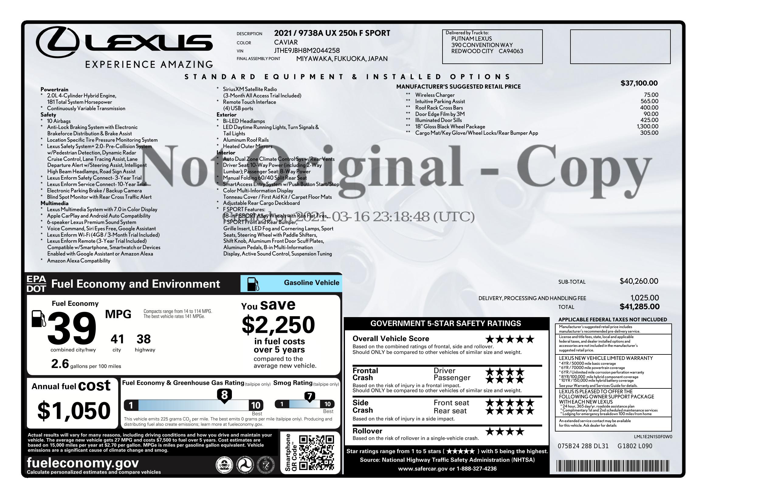 Window Sticker for 2021 Lexus Ux Ux 250h F Sport Awd